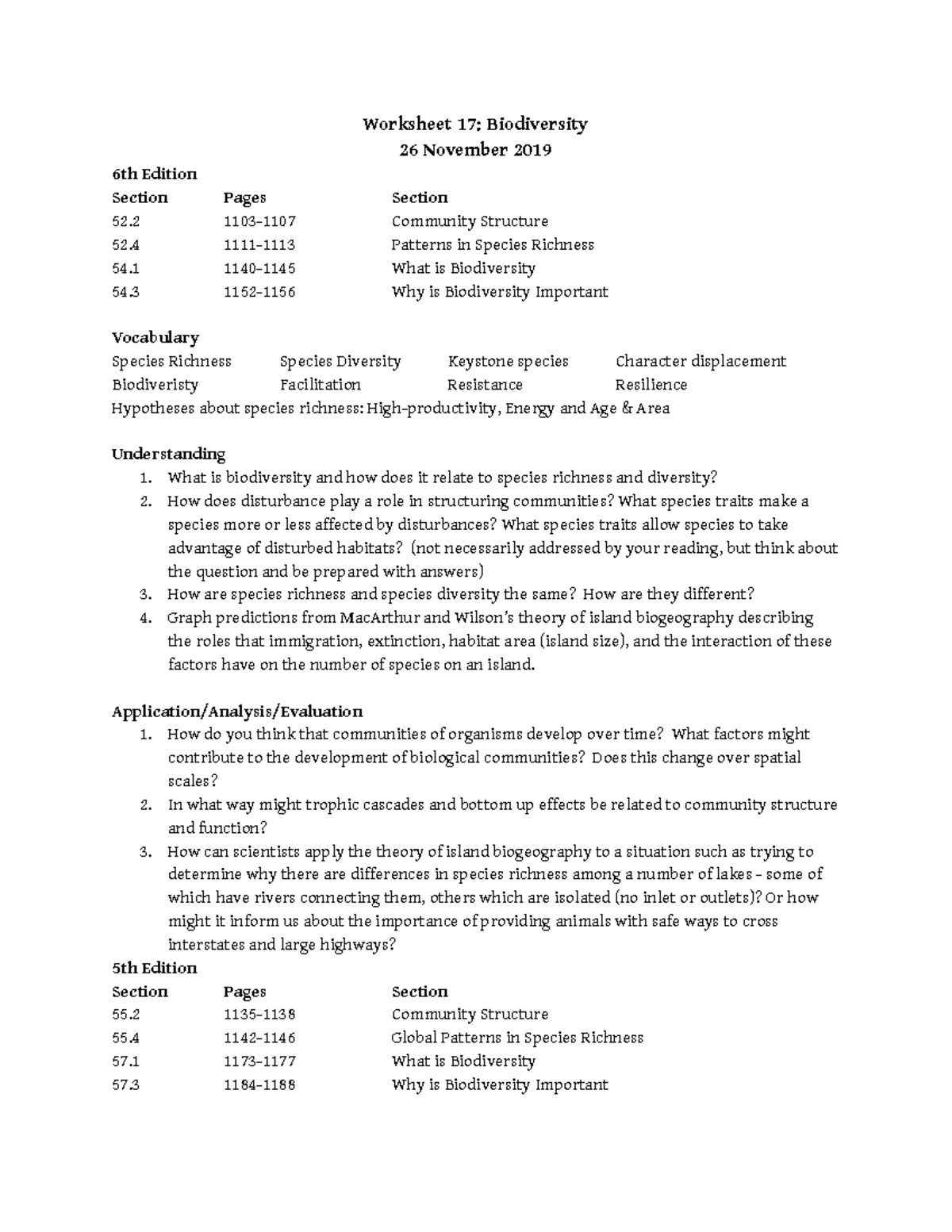 Worksheet 17 Biology Worksheet 17 Biodiversity 26 November 2019