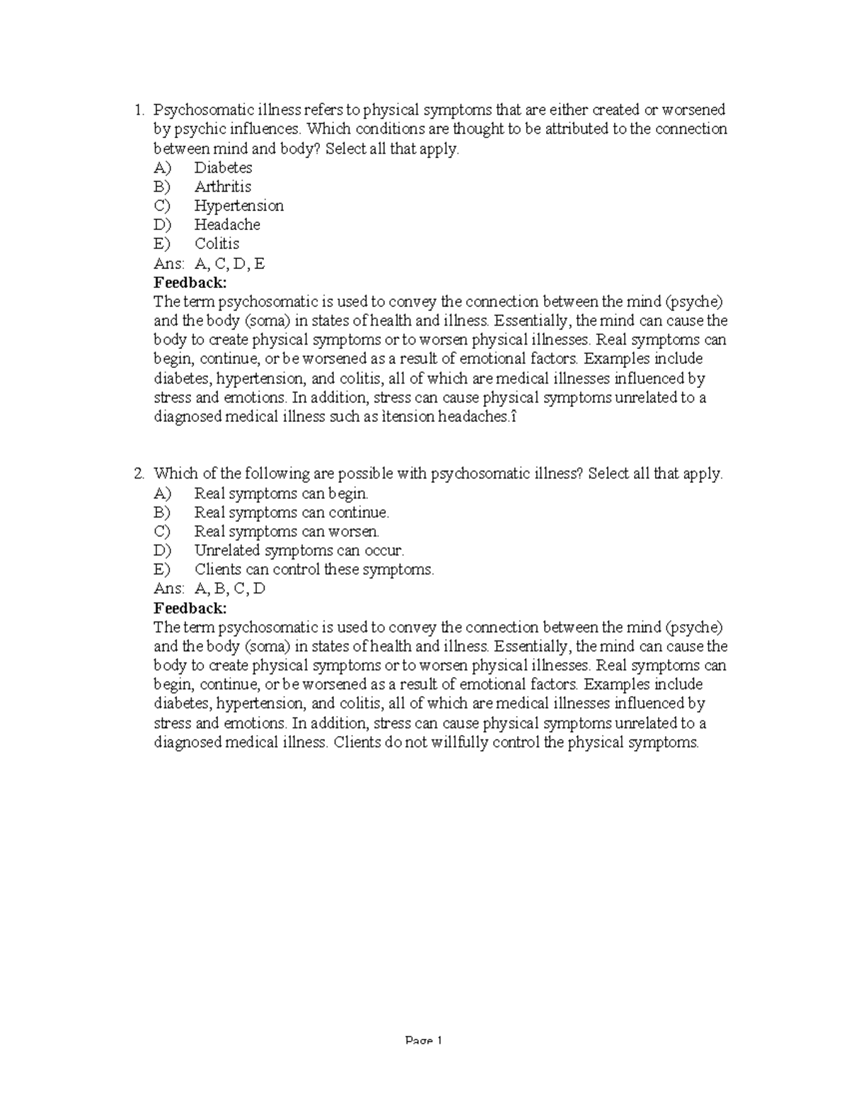 Ch 21- Somatic Sympton Illnesses - Psychosomatic illness refers to ...