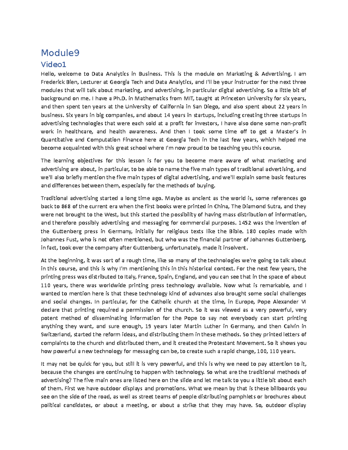 Module 9 Data Analytics Cource Notes Module Video Hello Welcome To