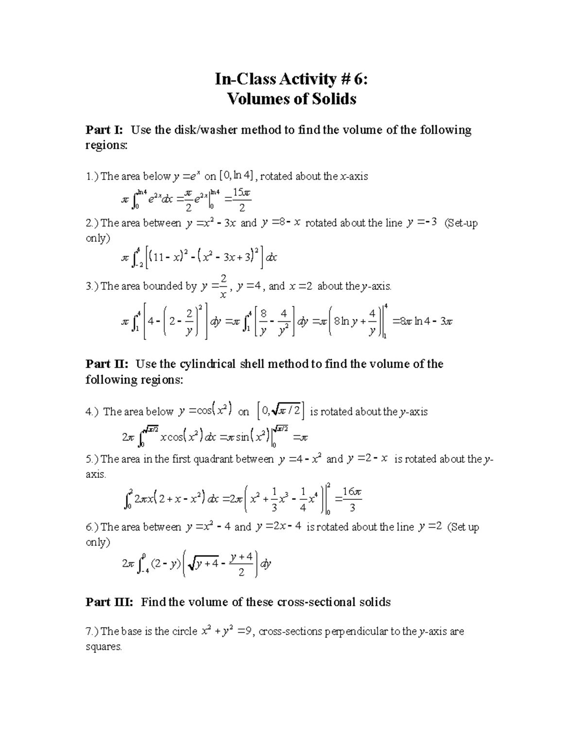 IA Volume Sol - exam practice - In-Class Activity # 6: Volumes of Solids Part I: Use the disk ...