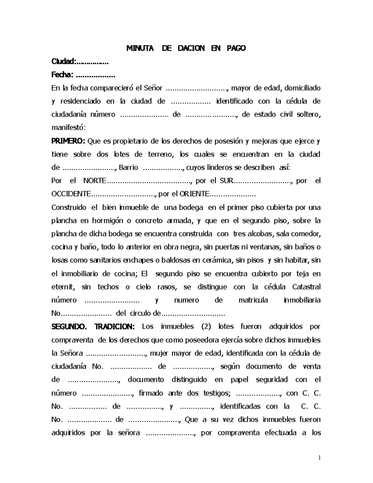 Minuta DE Dacion EN PAGO - MINUTA DE DACION EN PAGO Ciudad ...