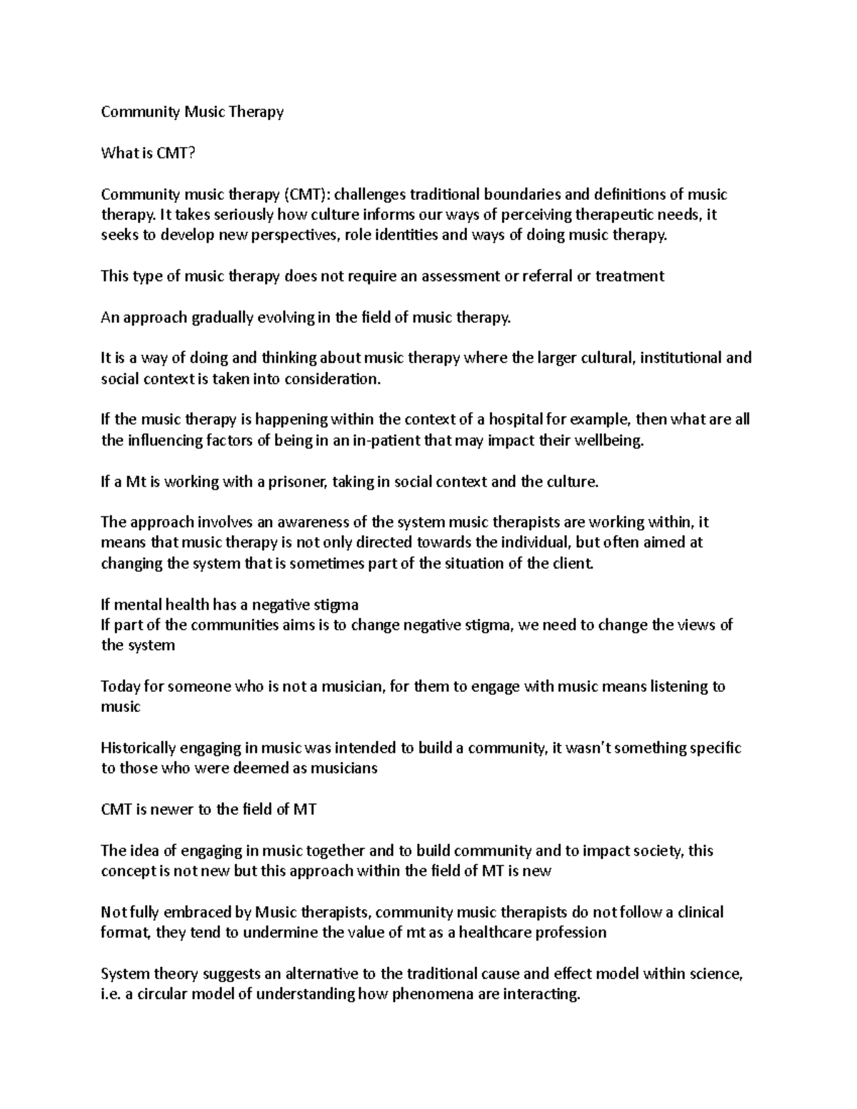 Music Therapy - Notes - Community Music Therapy What is CMT? Community ...