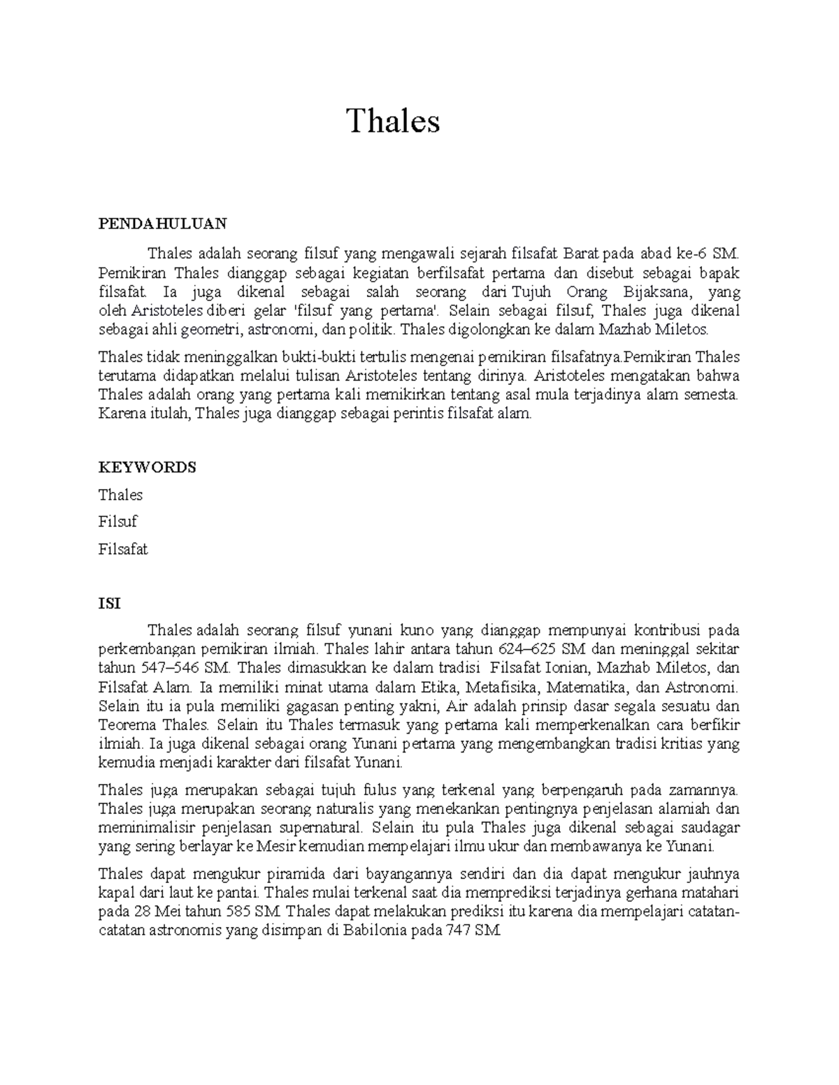 Tokoh Thales - resume - Thales PENDAHULUAN Thales adalah seorang filsuf ...