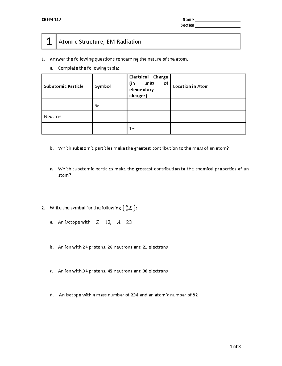 WS1 - quiz section worksheet 1 - CHEM 1 42 Name ____________________ Section ...