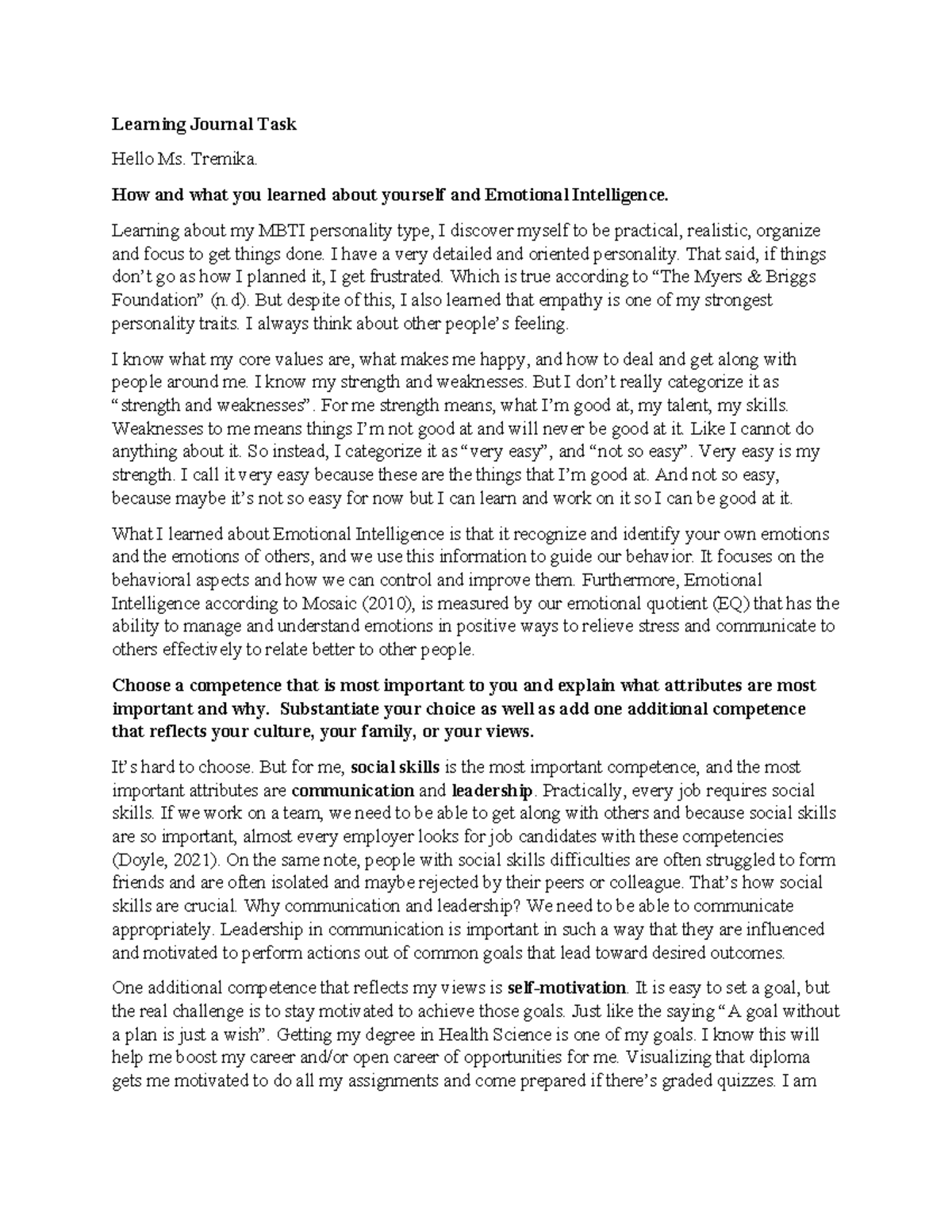 Emotional Intelligence LJ Unit 1 - Learning Journal Task Hello Ms ...