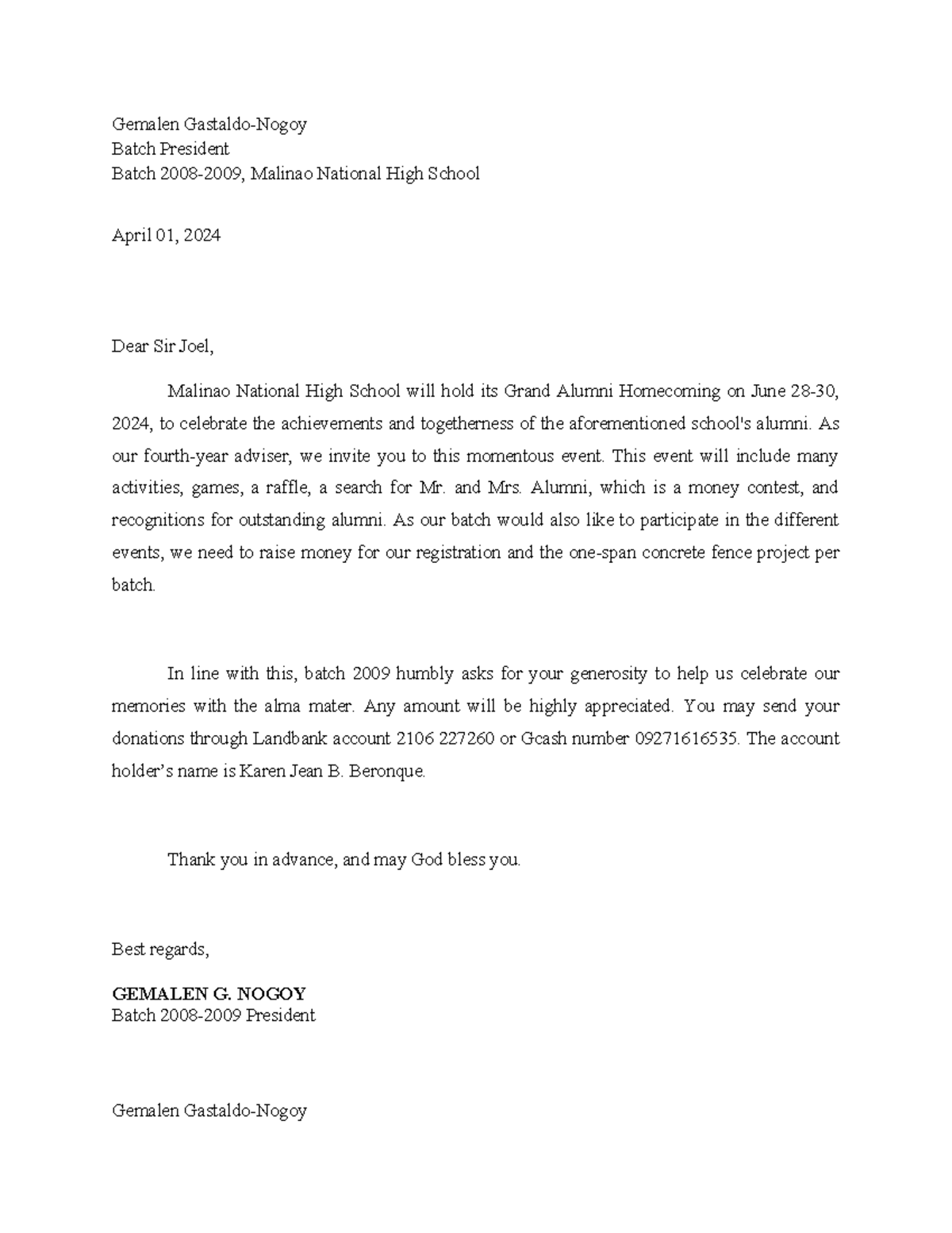 Solicitation Letter for Alumni Homecoming - Gemalen Gastaldo-Nogoy ...