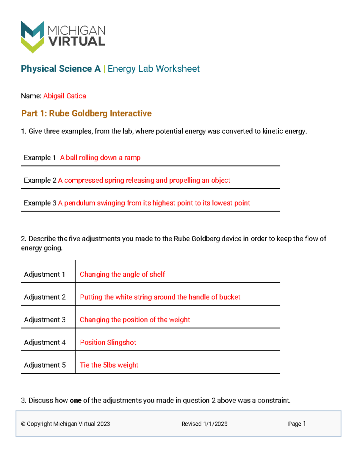 2.01 Energy Lab Worksheet - Physical Science A | Energy Lab Worksheet ...