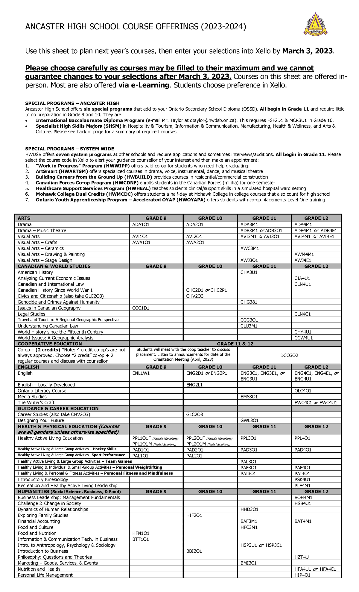 Course Offerings 2023 2024 Final - ANCASTER HIGH SCHOOL COURSE ...