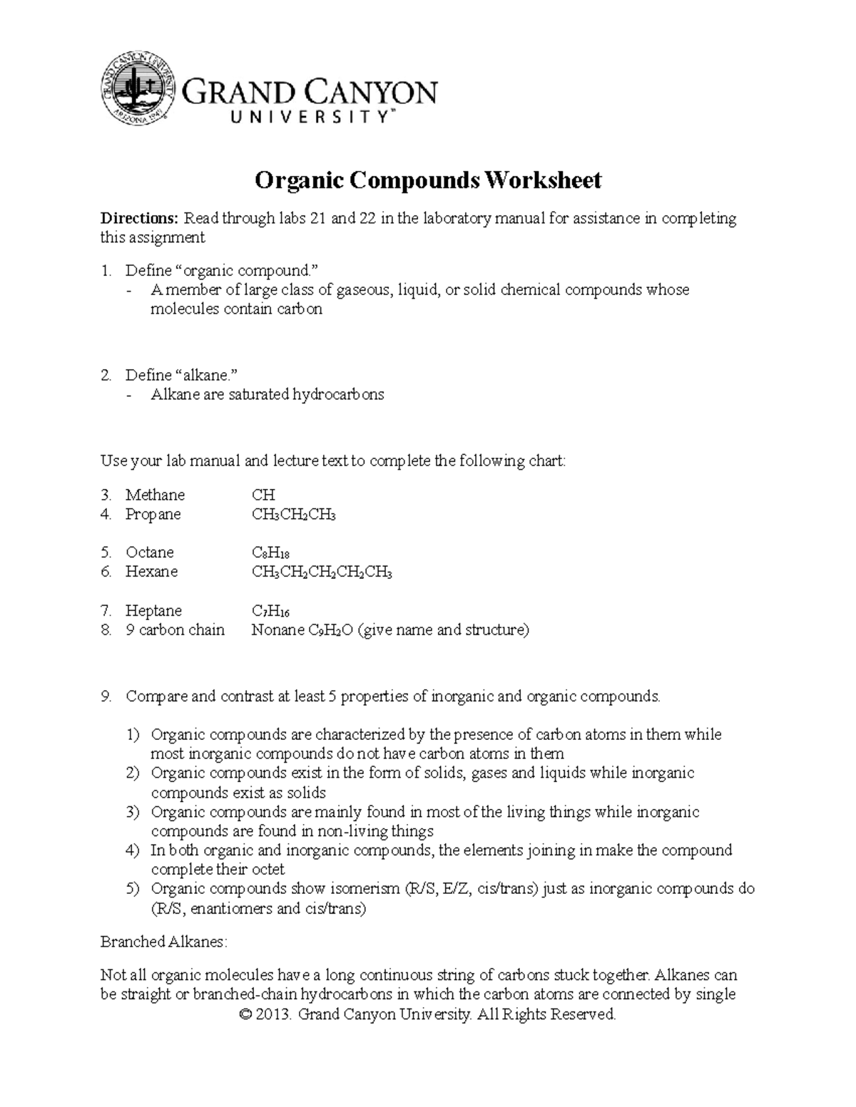 CHM111L Organic Compunds Wksht - Organic Compounds Worksheet Directions ...
