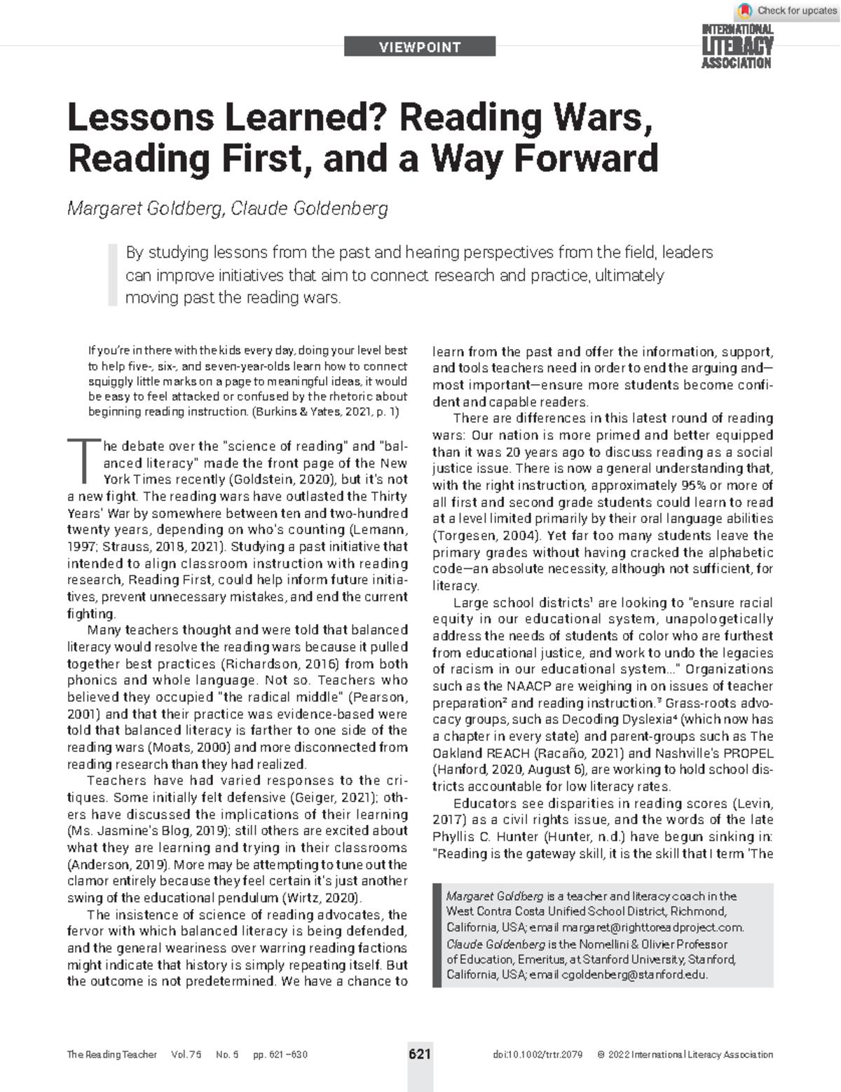 The Reading Teacher - 2022 - Goldberg - Lessons Learned? Reading Wars ...