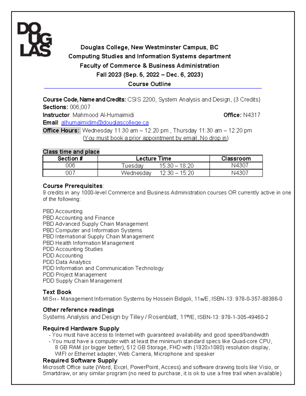 Course Outline - Douglas College, New Westminster Campus, BC Computing ...