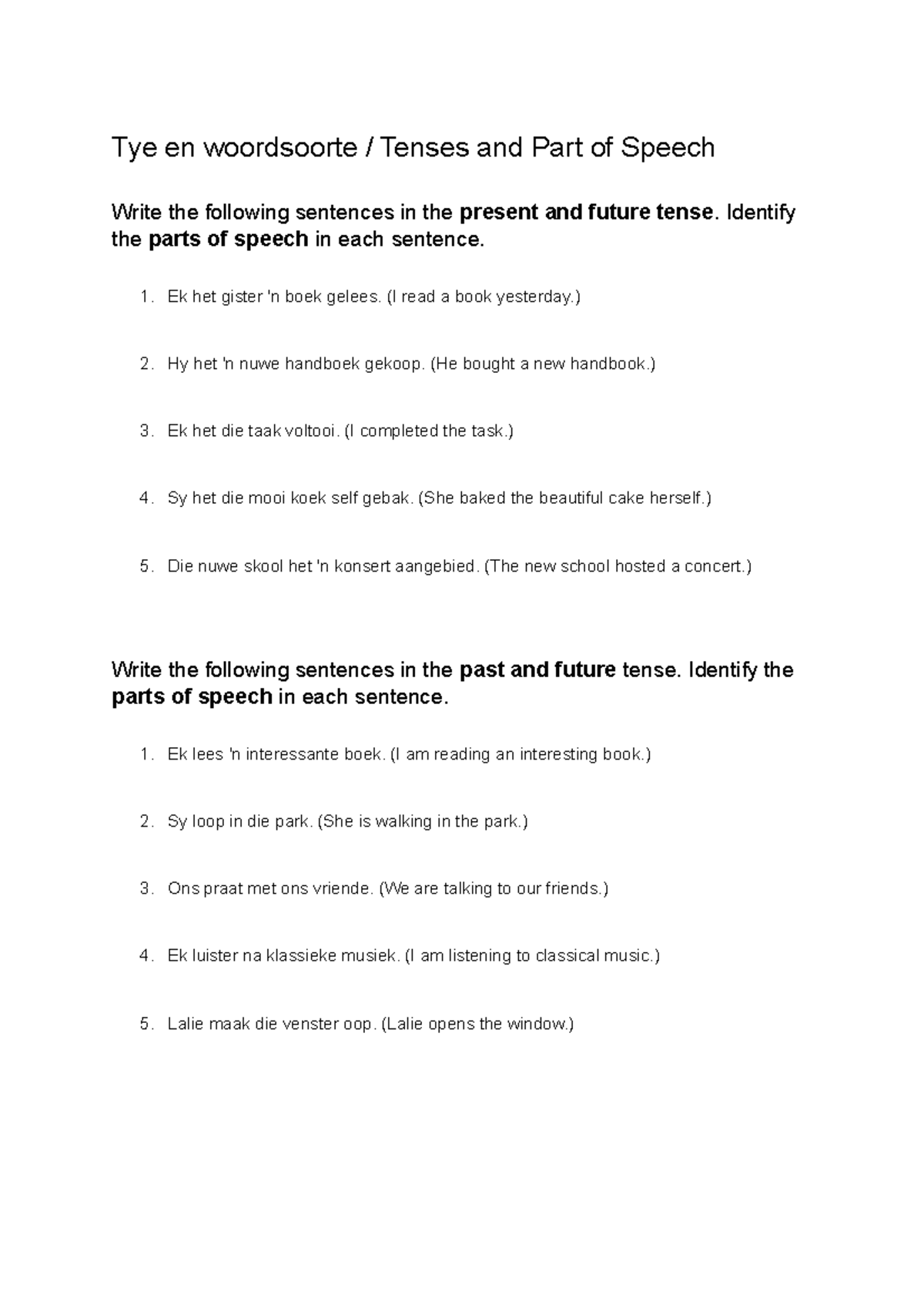 SAL123 Tenses and parts of speech exercise and memo - Tye en ...