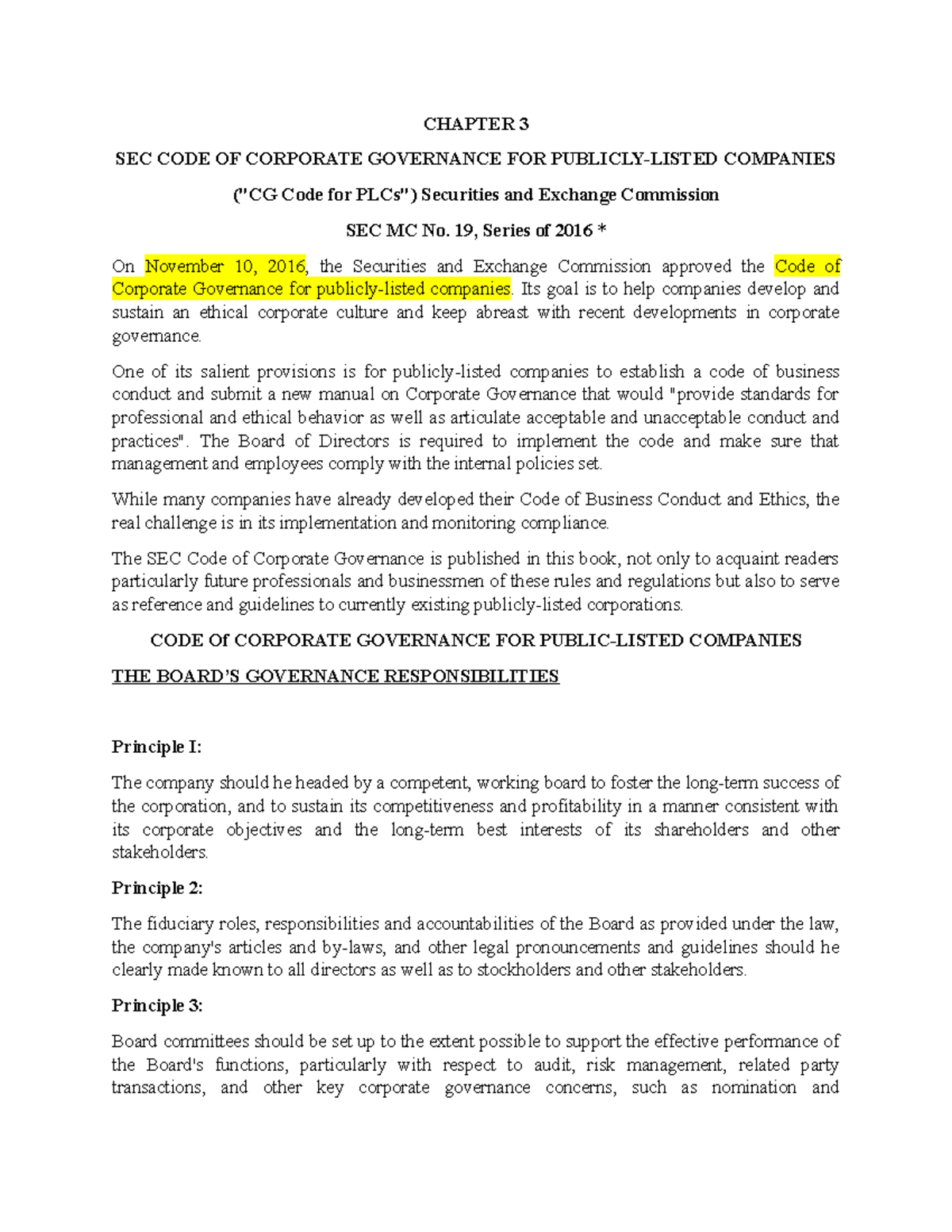 Chapter 3 - Lecture notes 1 - CHAPTER 3 SEC CODE OF CORPORATE ...