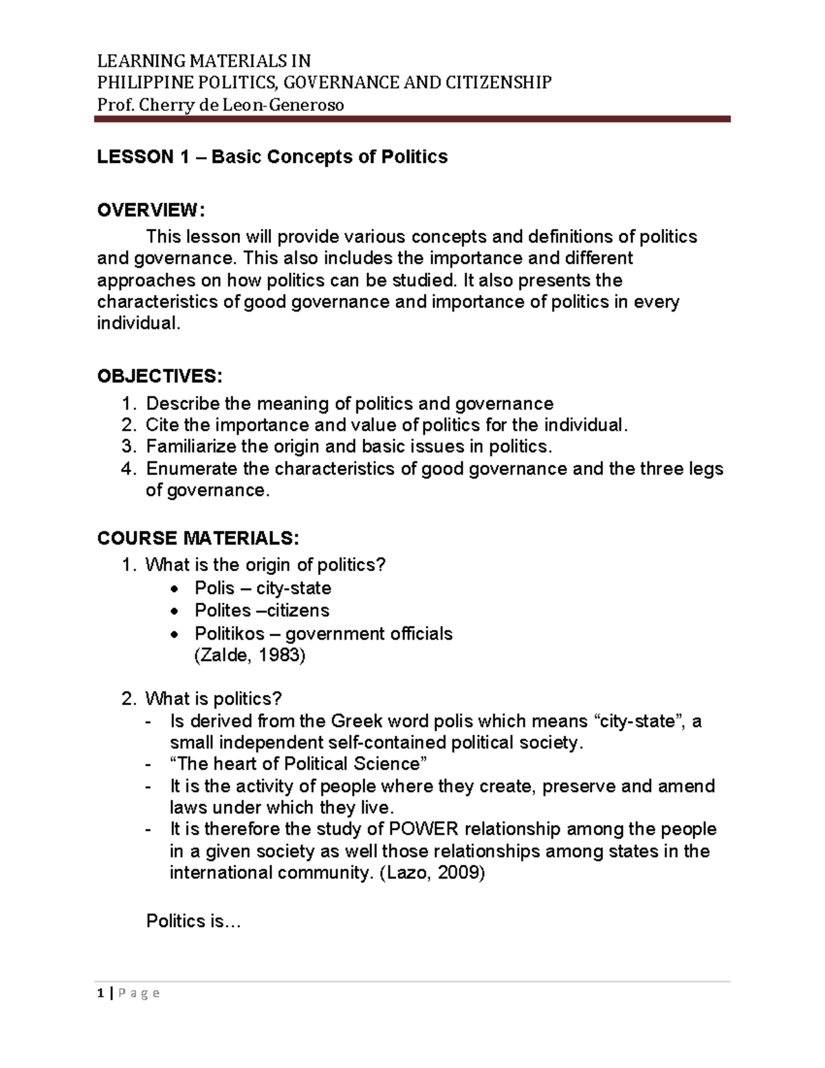 Lesson 1-for-polgov Basic Concepts of Politics - PHILIPPINE POLITICS ...