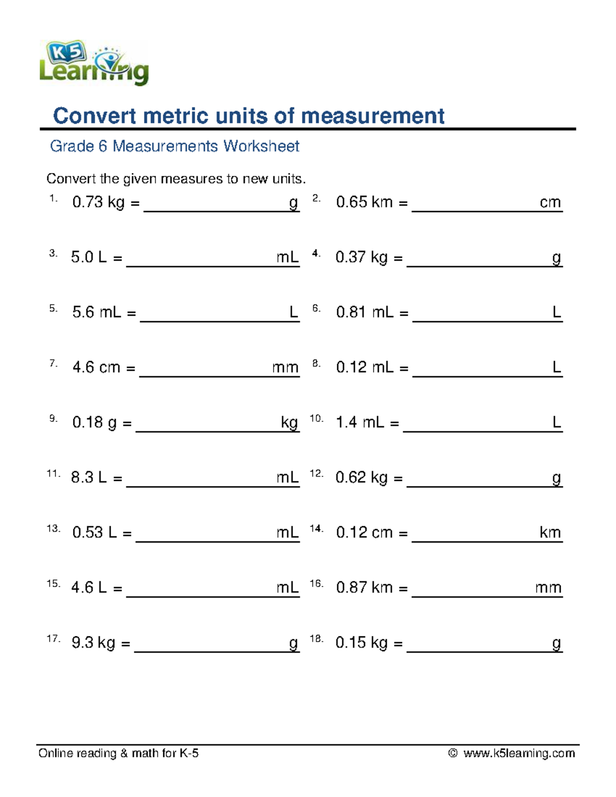 Grade 6 conversion metric units mixed practice a - Online reading ...