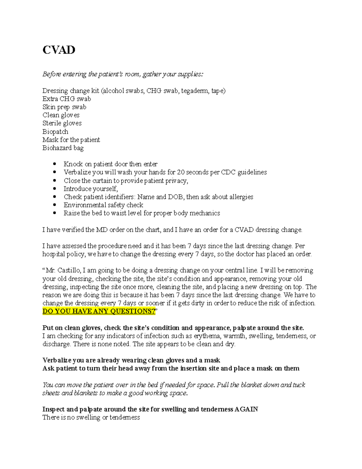 CVAD Validation Script - CVAD Before entering the patient’s room ...