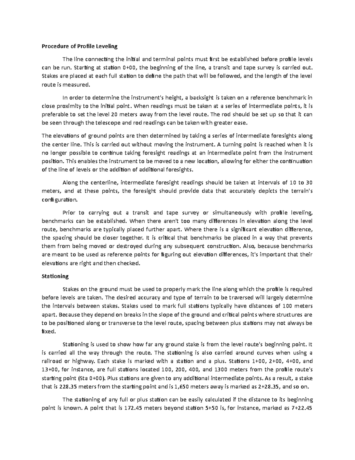 Profile Level Notes - Procedure of Profile Leveling The line connecting ...