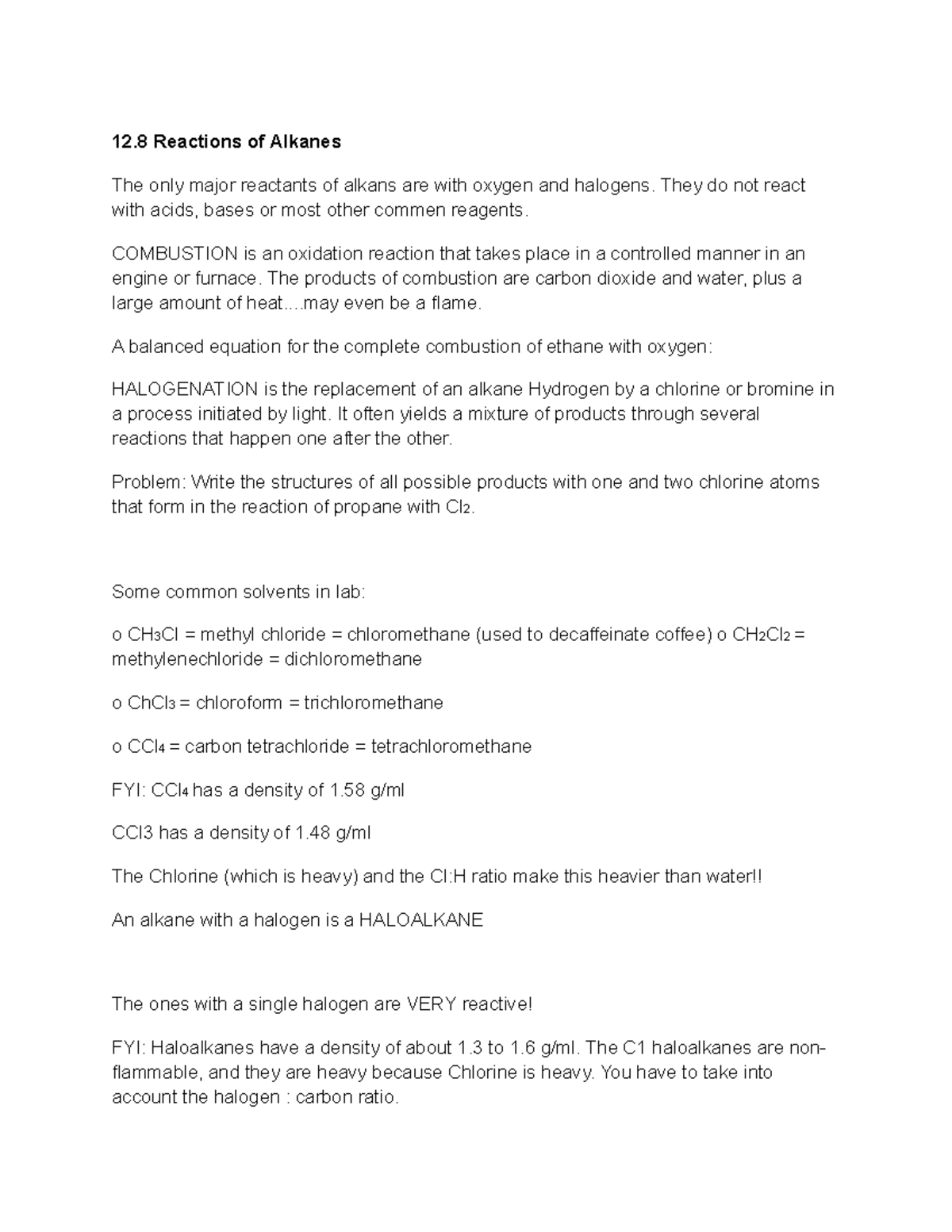 Part 2 - Chemistry notes, Professor Rollin - 12 Reactions of Alkanes ...