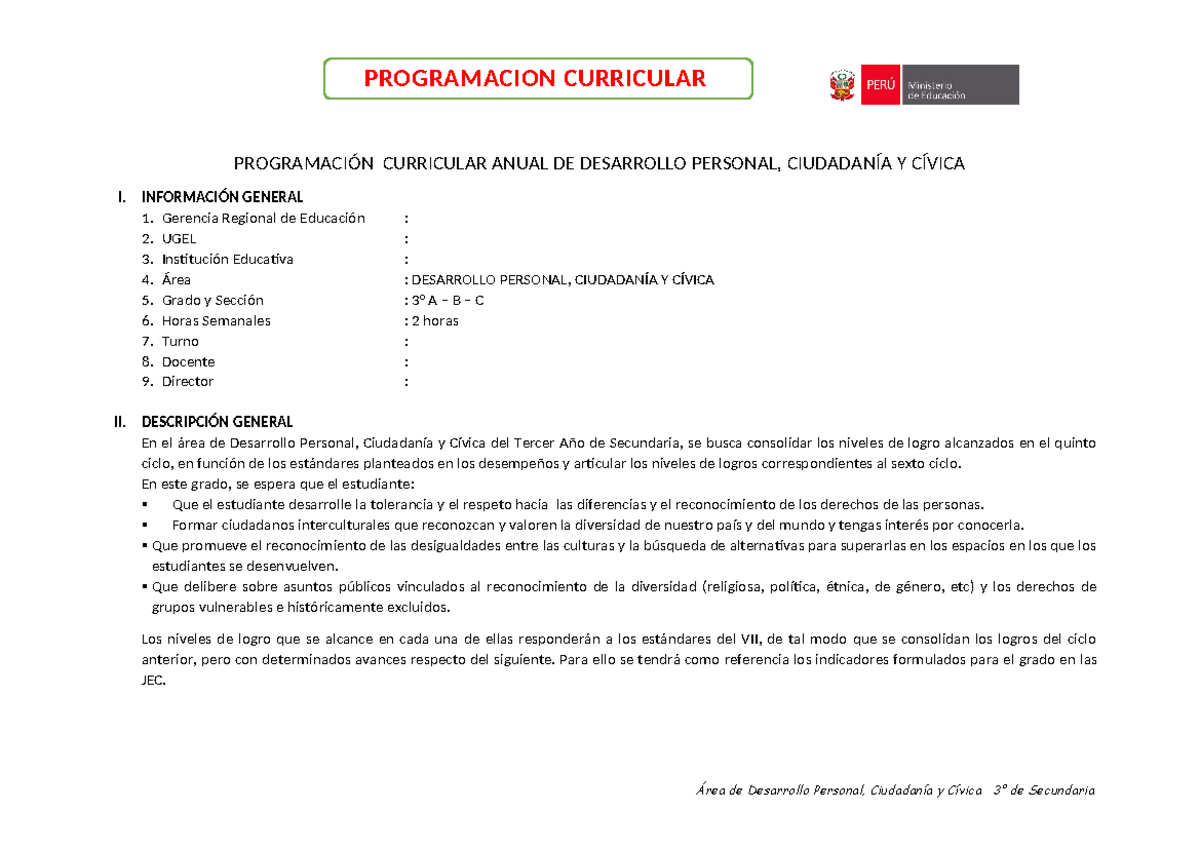 3ro Programacion Anual D.P.C.C - PROGRAMACIÓN CURRICULAR ANUAL DE DESARROLLO PERSONAL ...