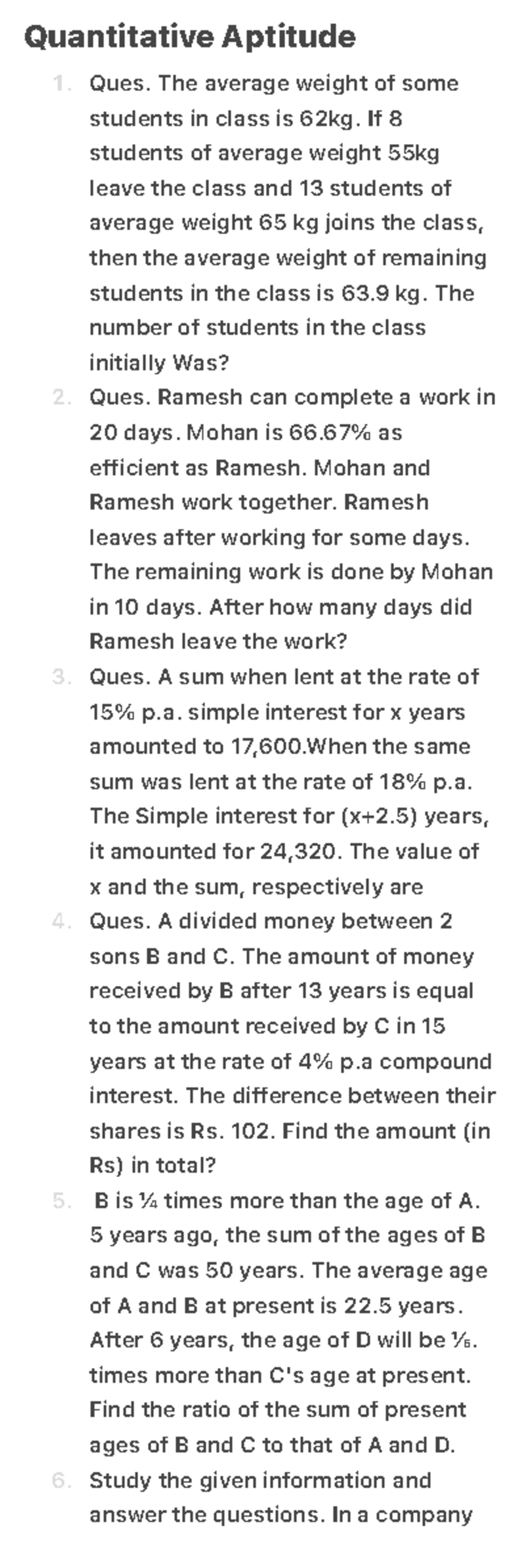 Quantitative Aptitude - 1. 2. 3. 4. 5. 6. Quantitative Aptitude Ques. The average weight of some ...