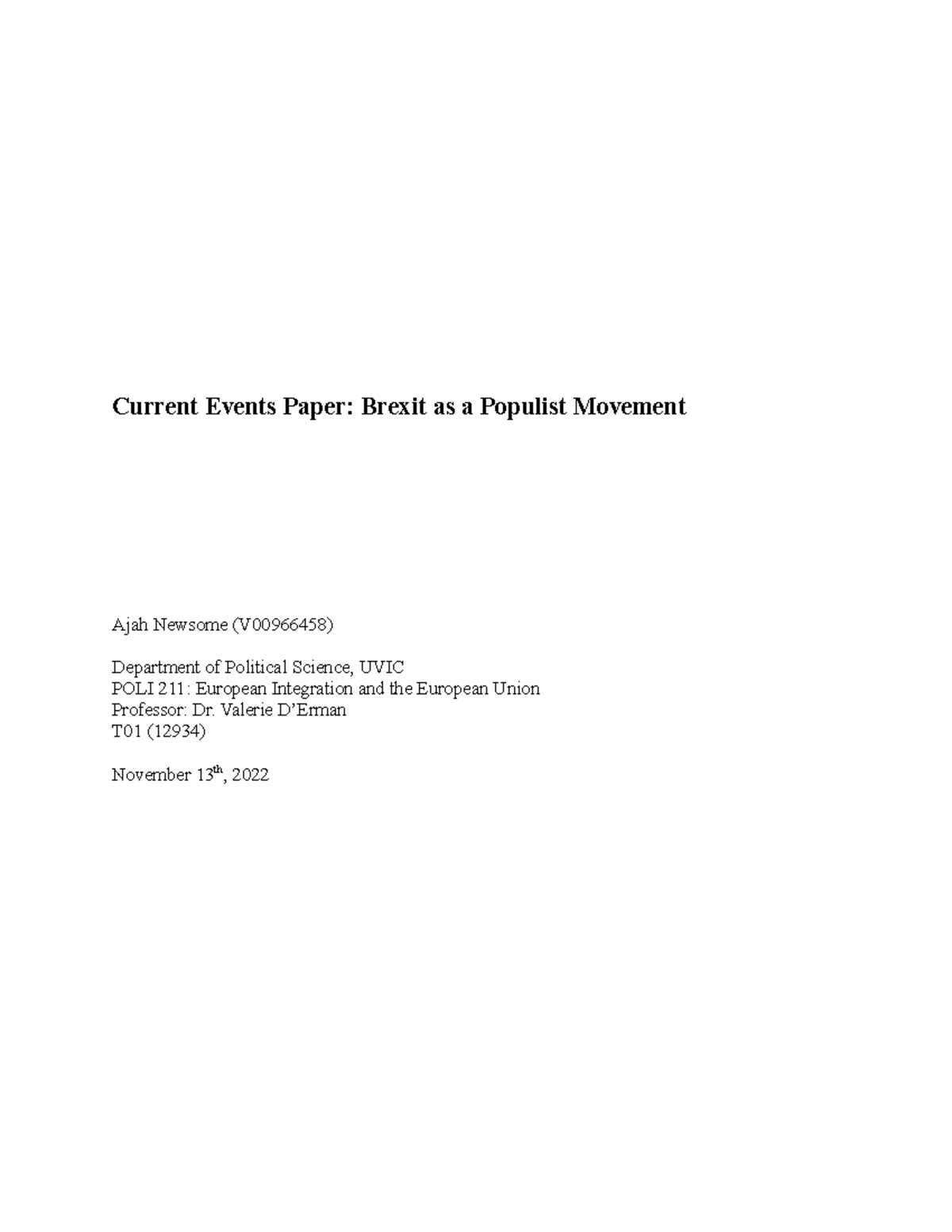 Poli 211 Current Events Paper - Current Events Paper: Brexit as a ...