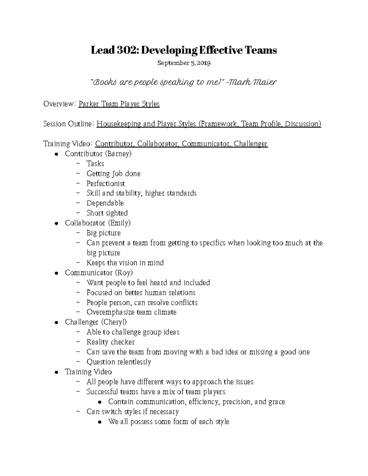 Parker Team Player Styles - Lead 302: Developing Effective Teams ...