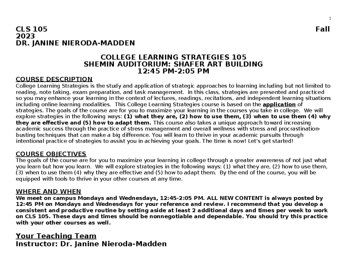 CLS 105 Syllabus FALL 2023 - CLS 105 Fall 2023 DR. JANINE NIERODA ...