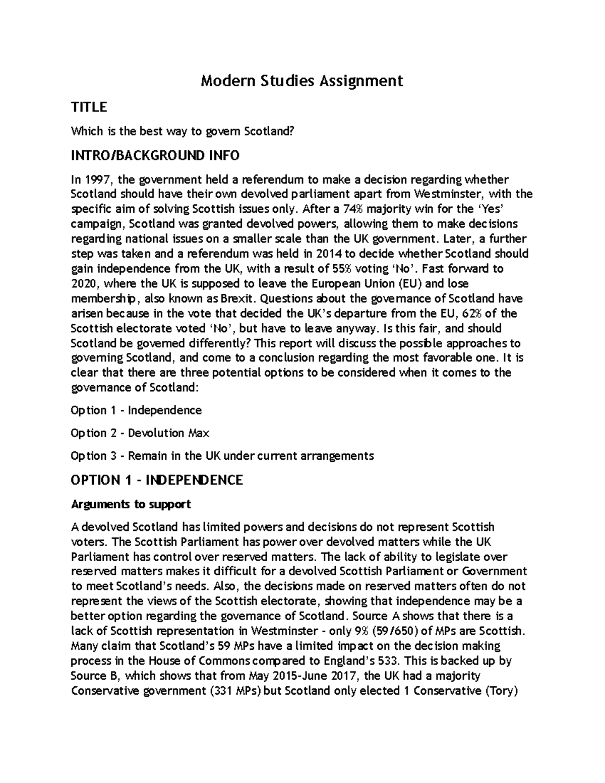 How Should Scotland Be Governed? - Modern Studies Assignment TITLE ...