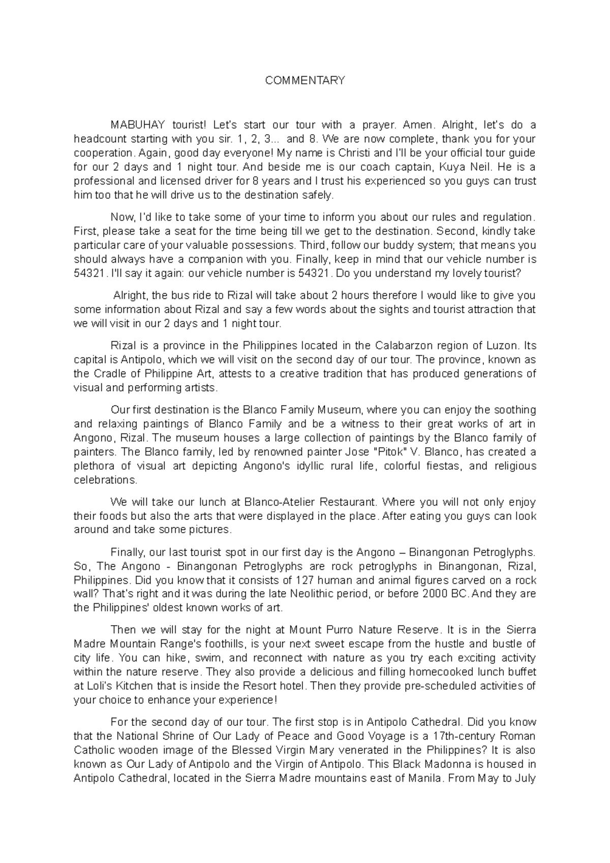 Commentary - COMMENTARY MABUHAY tourist! Let’s start our tour with a ...