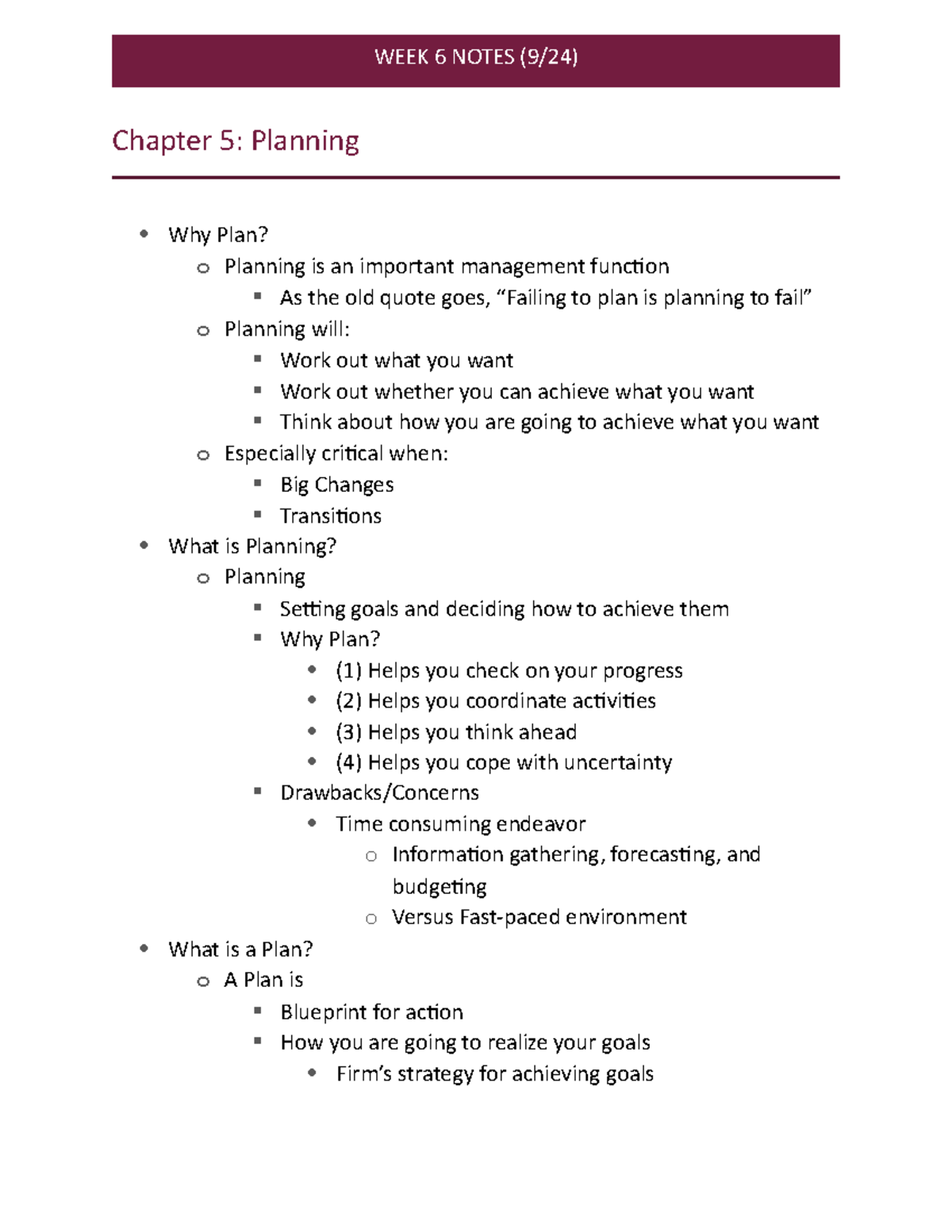 MAN3025- Week 6 Notes (Chapter 5) - WEEK 6 NOTES Chapter 5: Planning ...