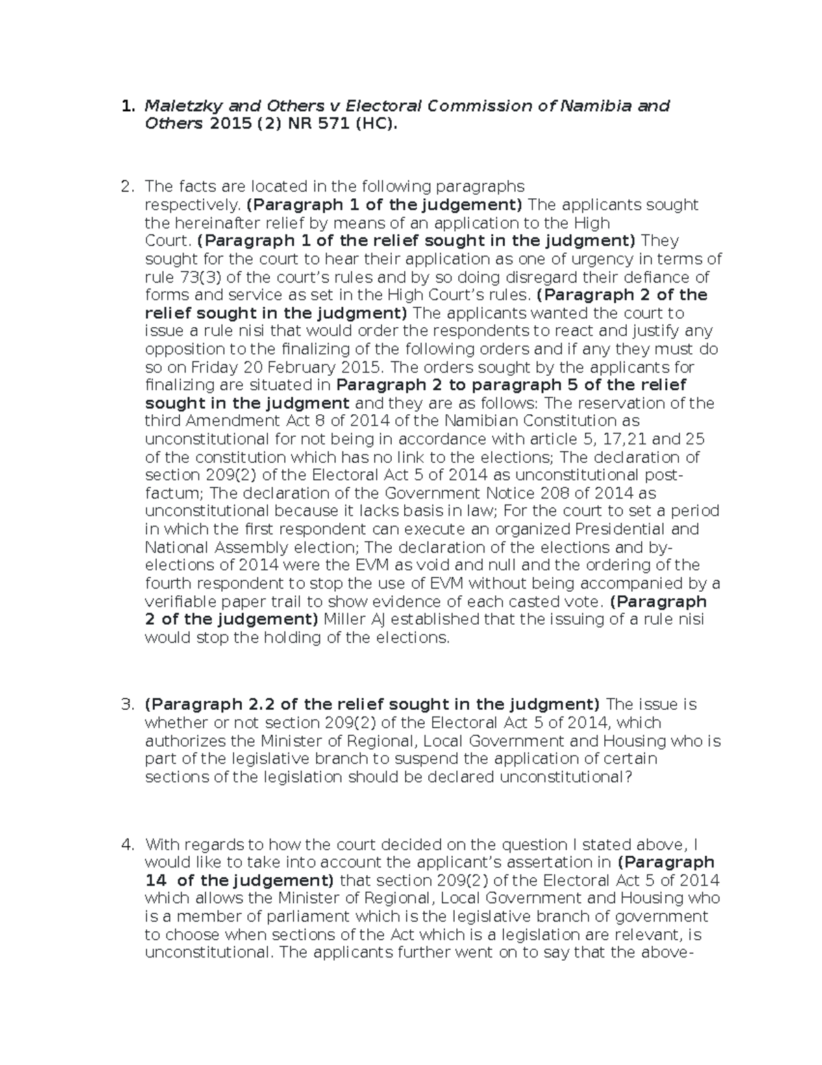 Judgements from workshops - Maletzky and Others v Electoral Commission ...