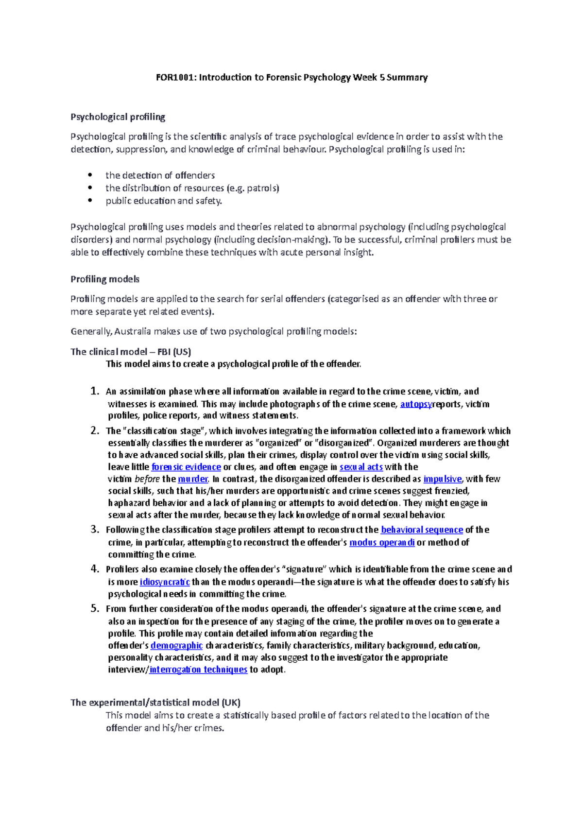 Psychological Profiling in Forensic Psychology - Studocu