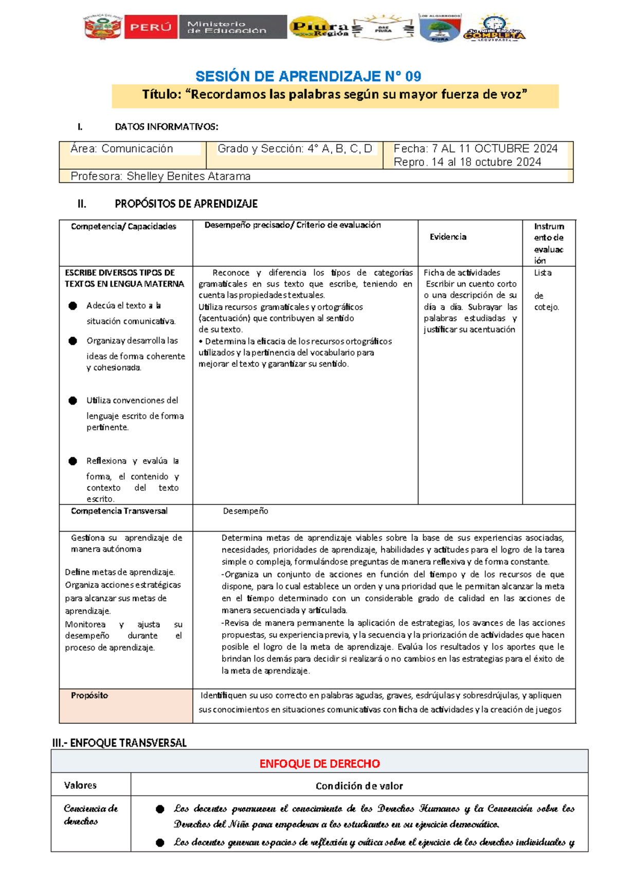 Sesion 9 la acentuacion general - SESIÓN DE APRENDIZAJE N° 09 I. DATOS INFORMATIVOS: Área: - Studocu