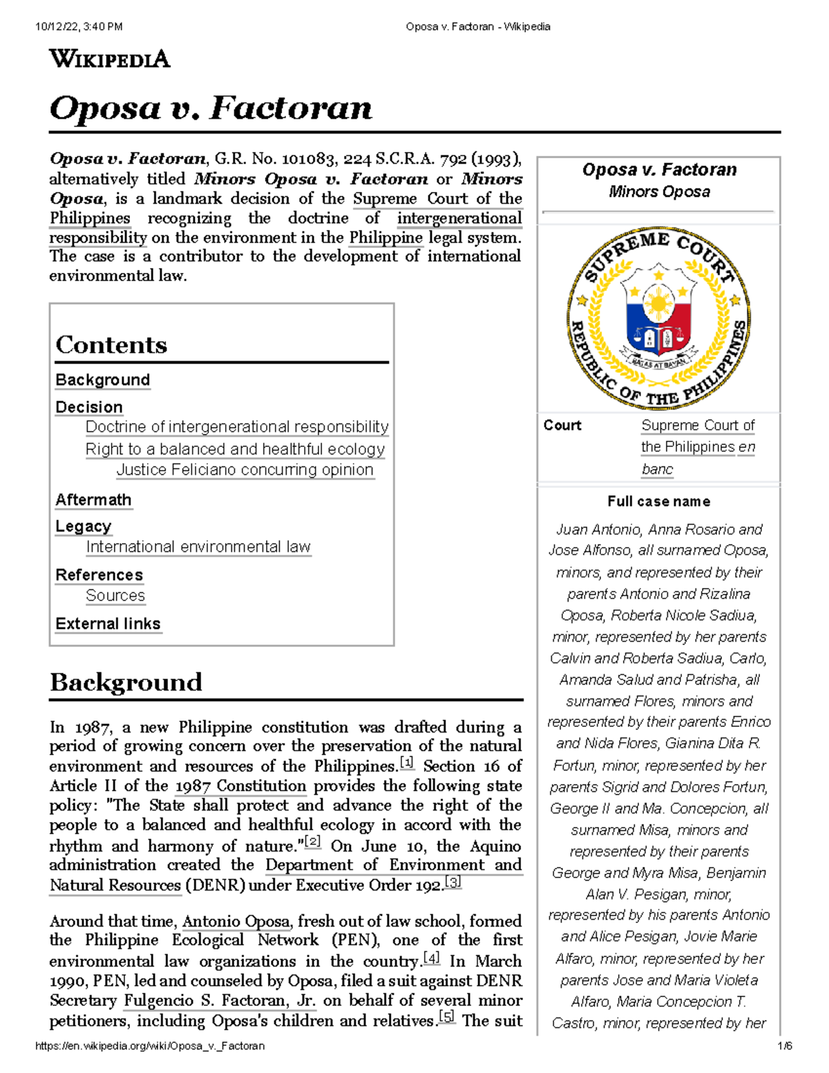 Oposa v. Factoran - Wikipedia - Oposa v. Factoran Minors Oposa Court Supreme Court of the - Studocu