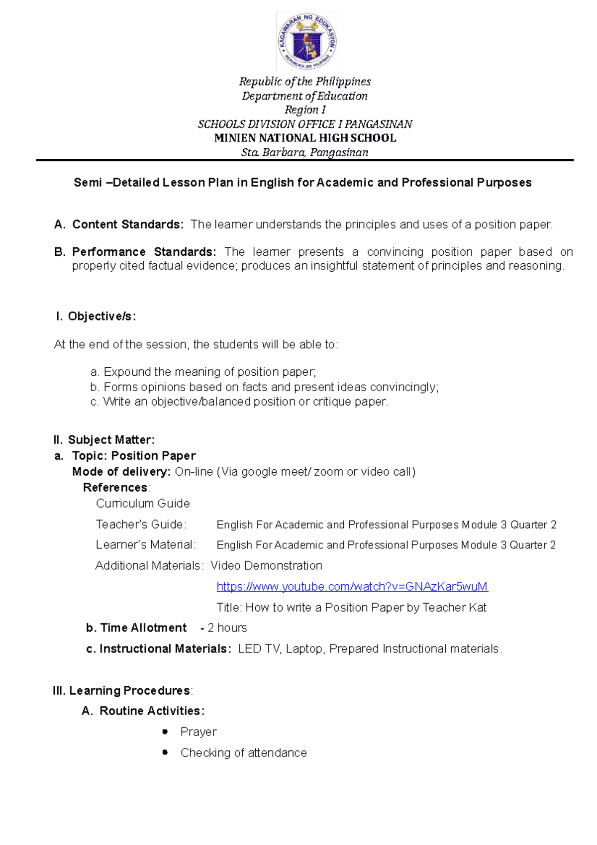 Semi Detailed Lesson Plan rfj eapp - Republic of the Philippines ...