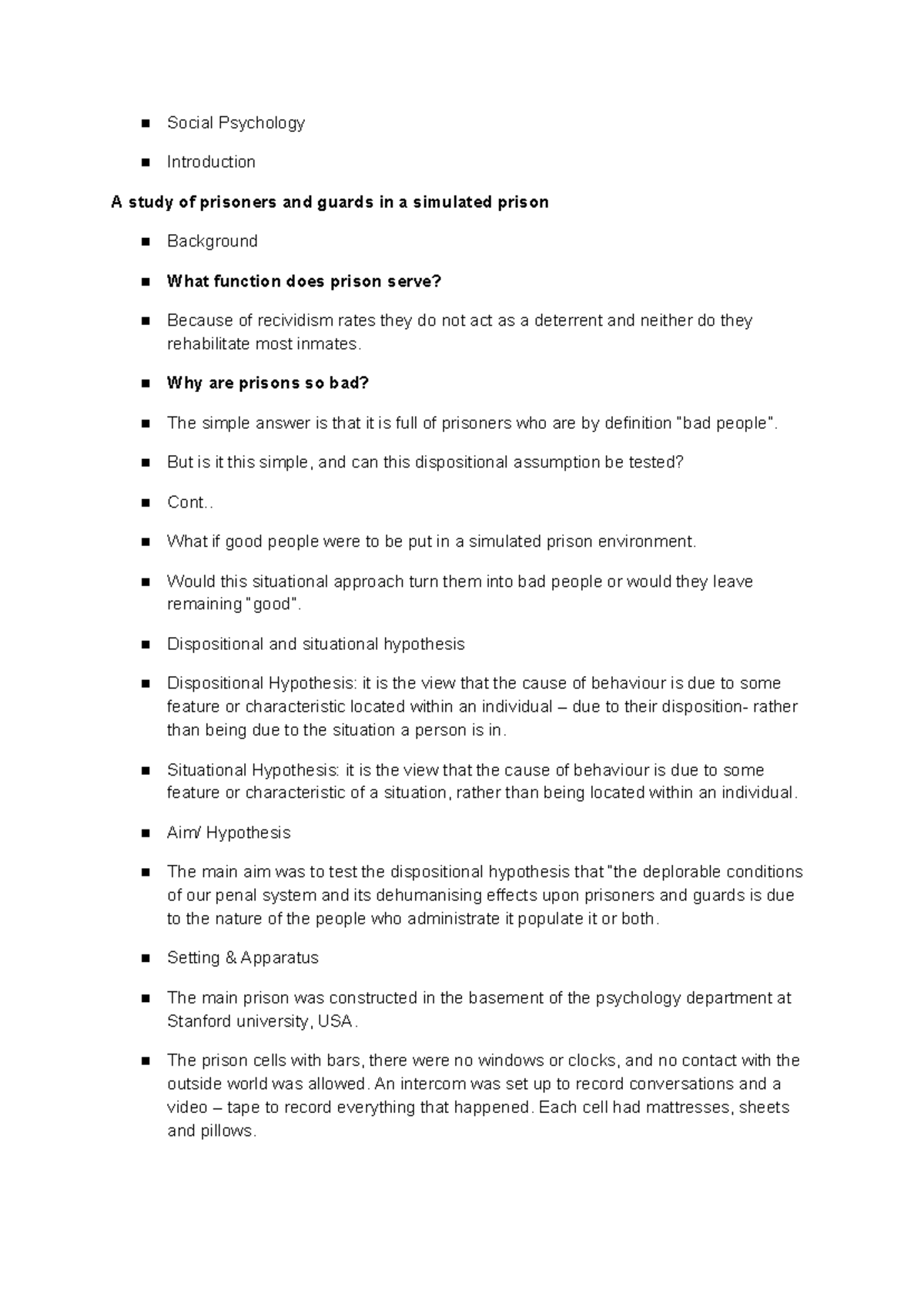 Zimbardo exp notes - Social Psychology Introduction A study of ...