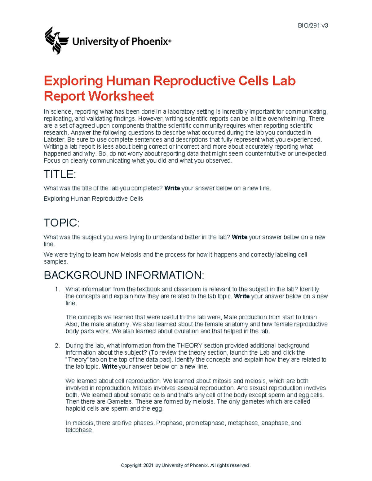Bio291 v3 wk6 exploring human reproductive cells report - BIO/291 v ...