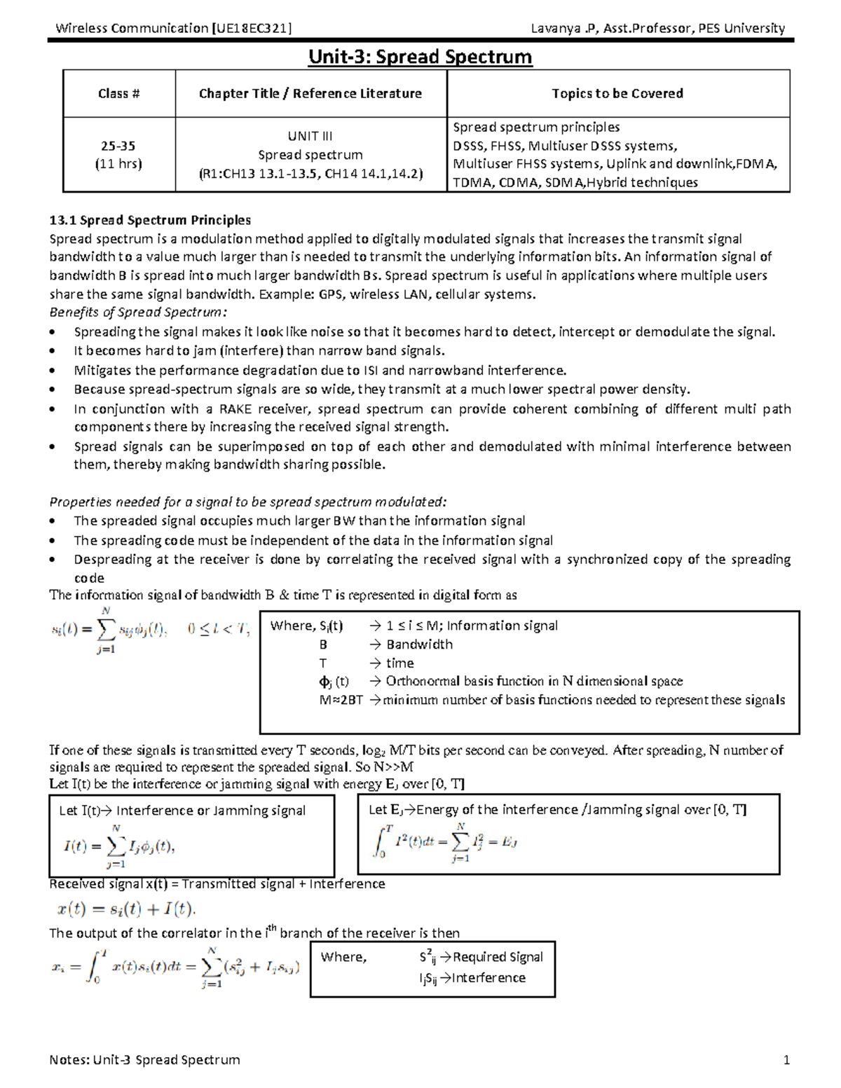 Spread Spectrum Principles - Unit-3: Spread Spectrum Class # Chapter ...