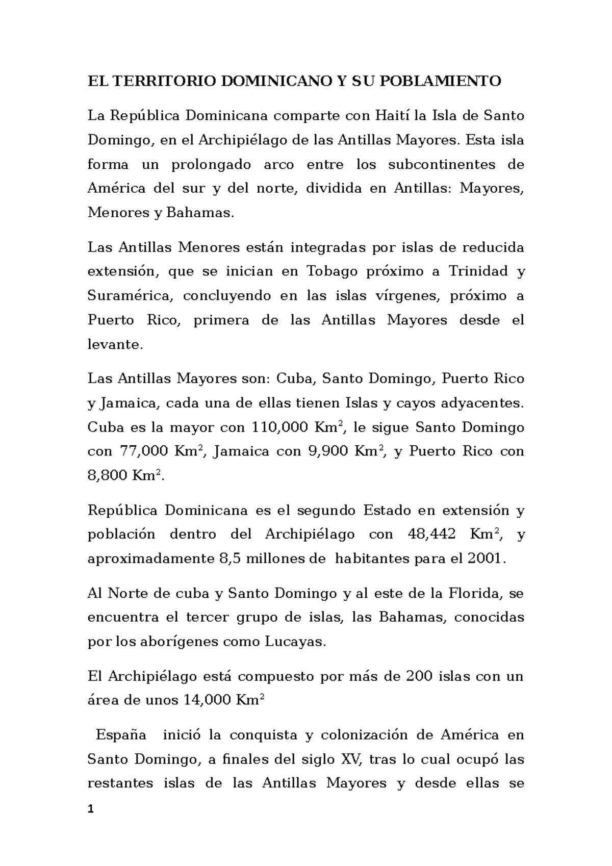 Historia primer material - EL TERRITORIO DOMINICANO Y SU POBLAMIENTO La ...