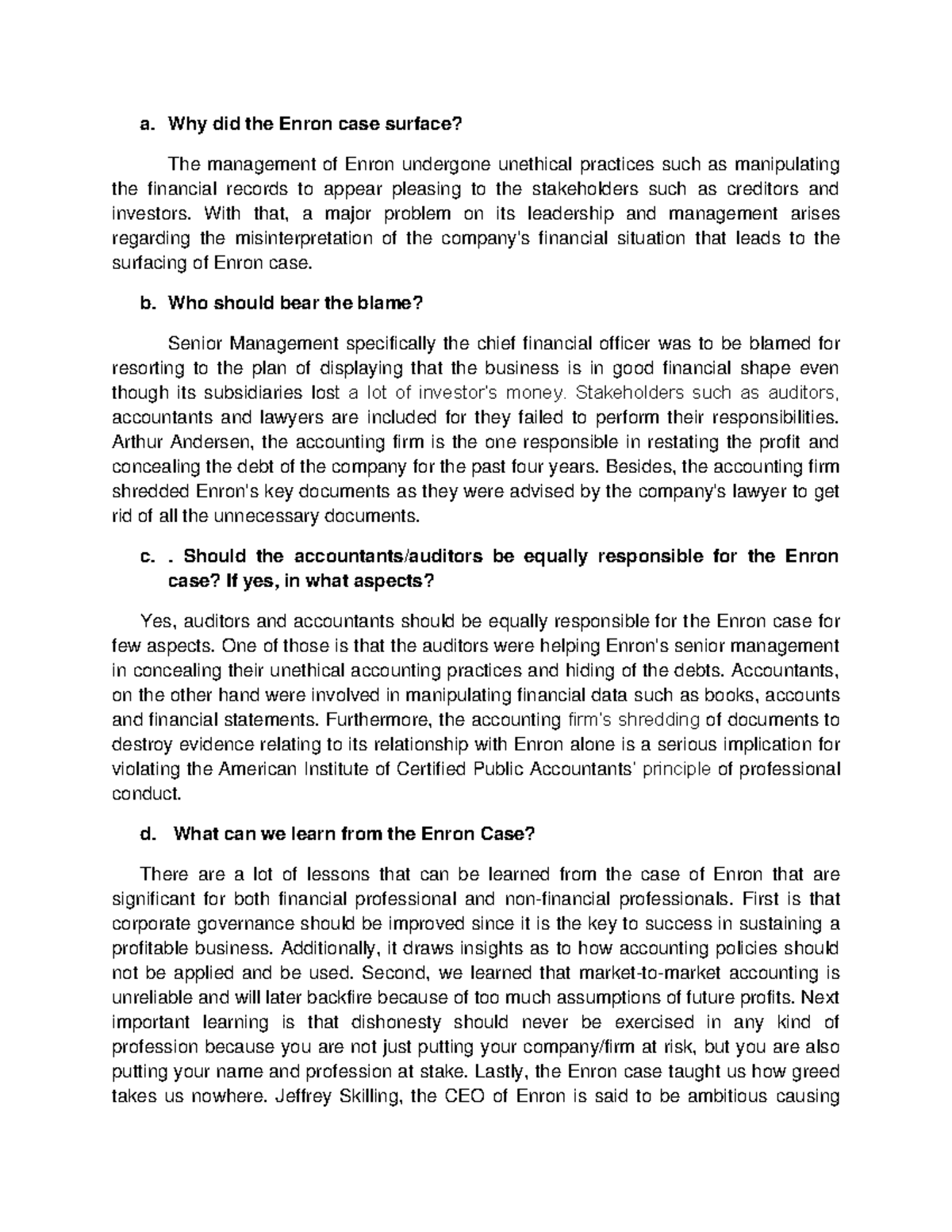 Enron CASE - Auditing Theory Scandal - a. Why did the Enron case ...