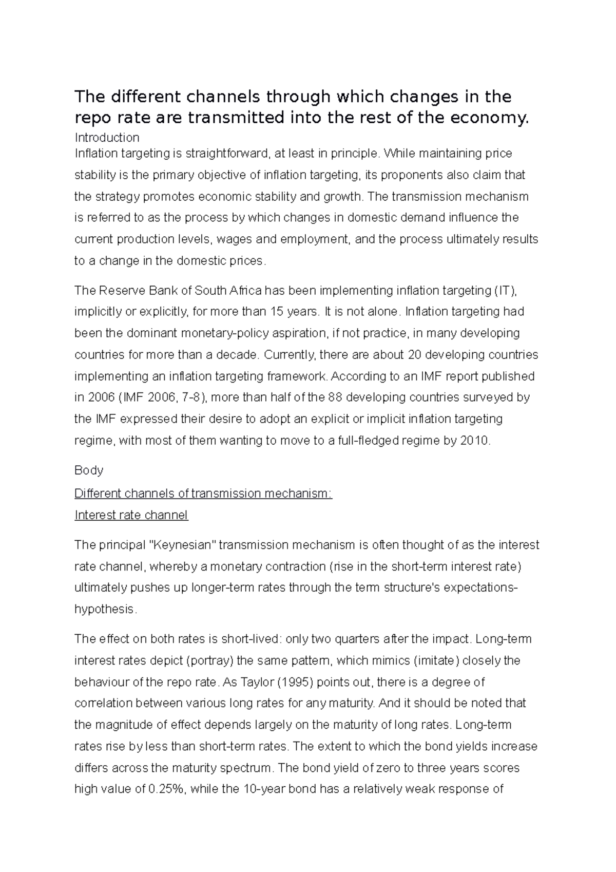 Economics Assignment - The different channels through which changes in ...