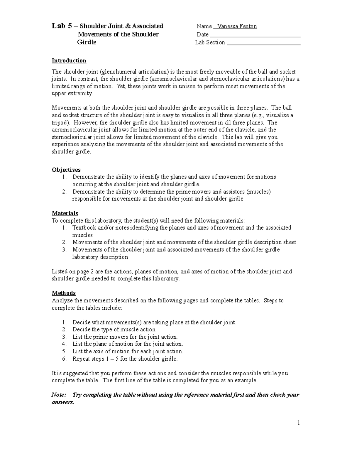Lab 5 - lab 5 - Movements of the Shoulder Date Girdle Lab Section ...