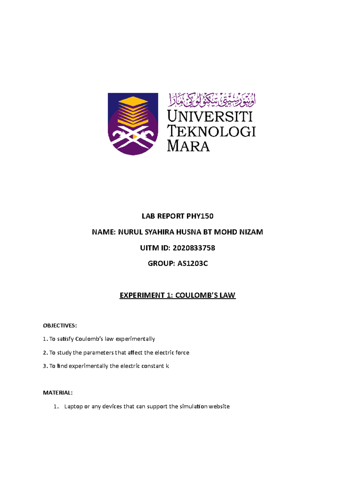 LAB Report PHY 150 2021 UITM - LAB REPORT PHY NAME: NURUL SYAHIRA HUSNA ...