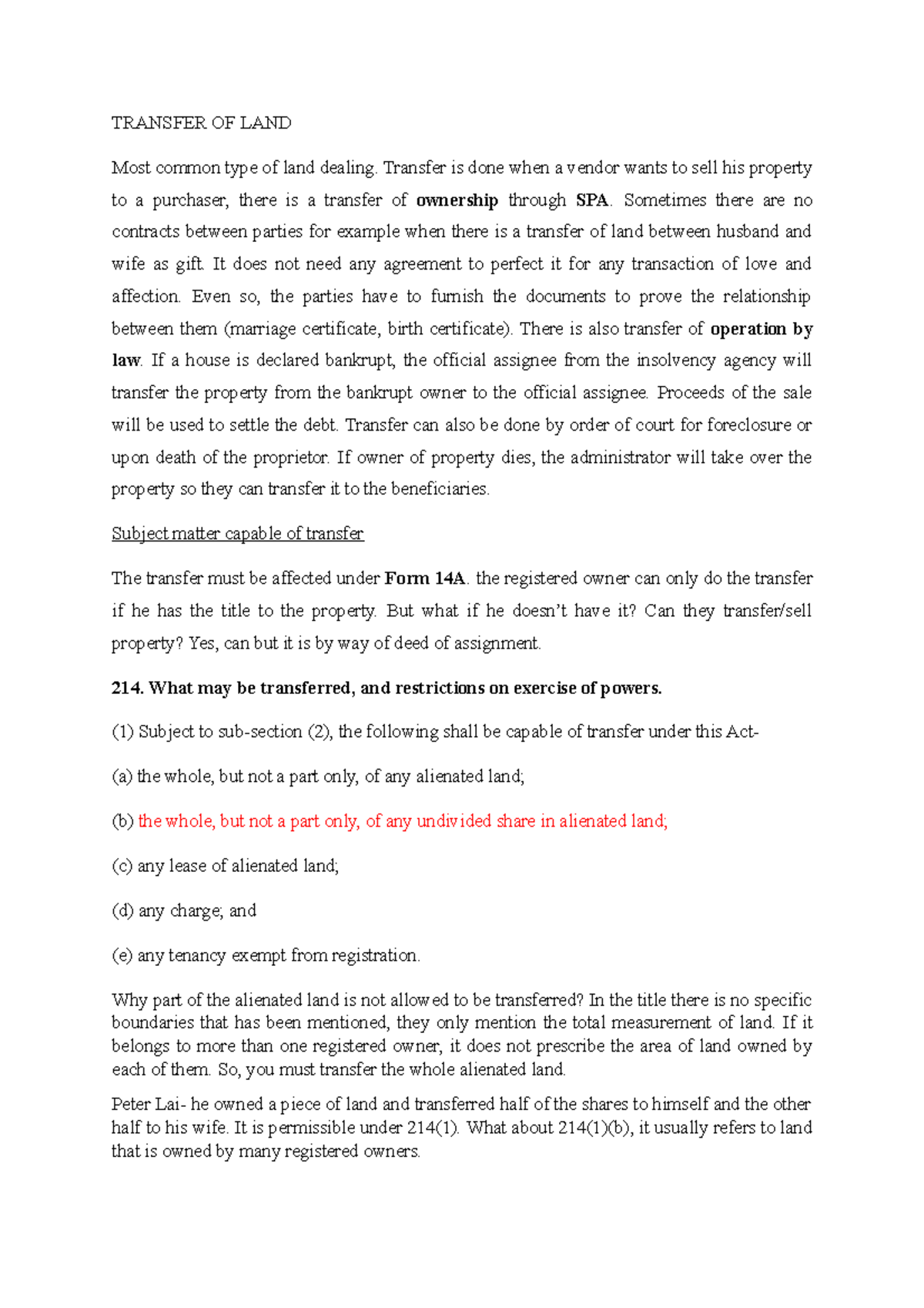 Transfer OF LAND notes - TRANSFER OF LAND Most common type of land ...