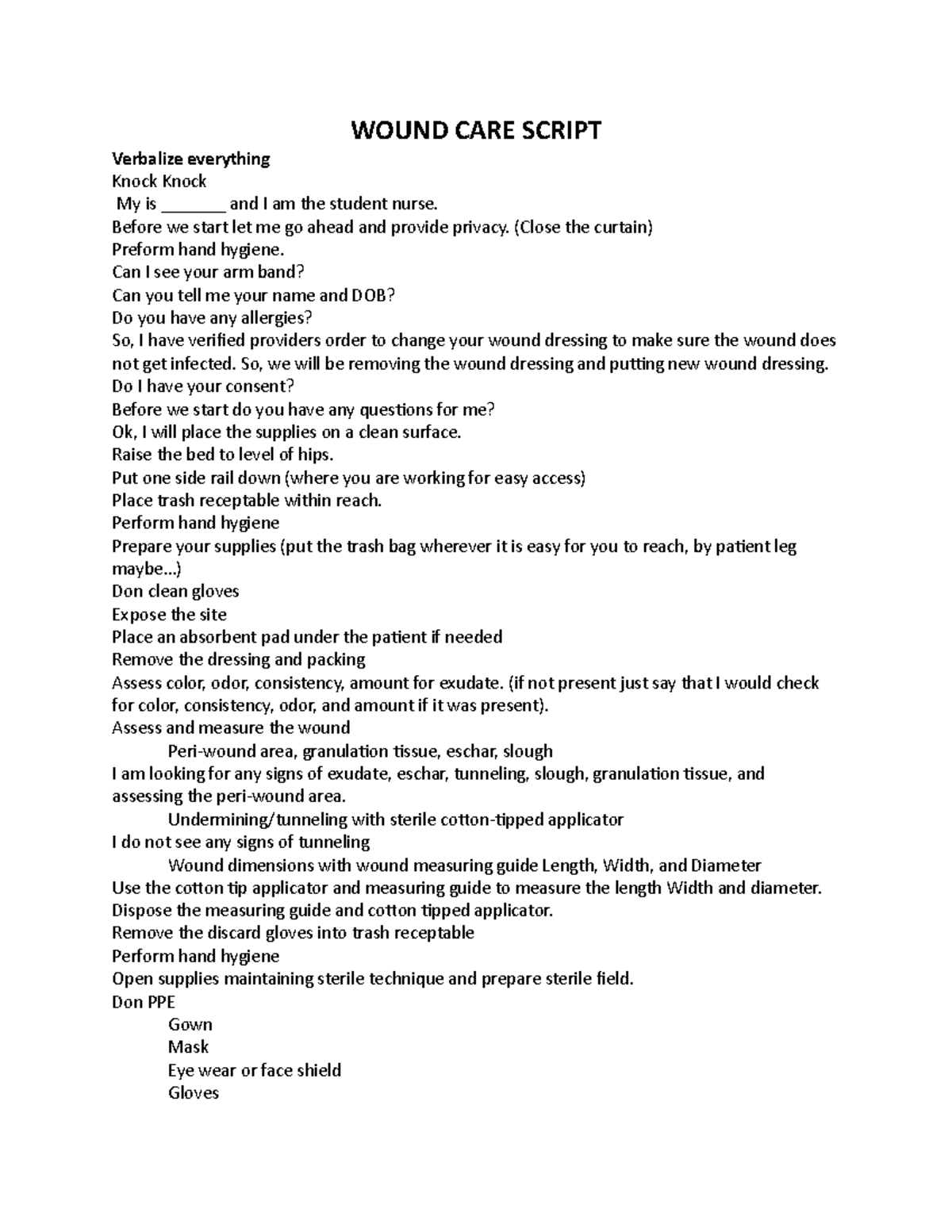 Wound CARE Script - WOUND CARE SCRIPT Verbalize everything Knock Knock ...
