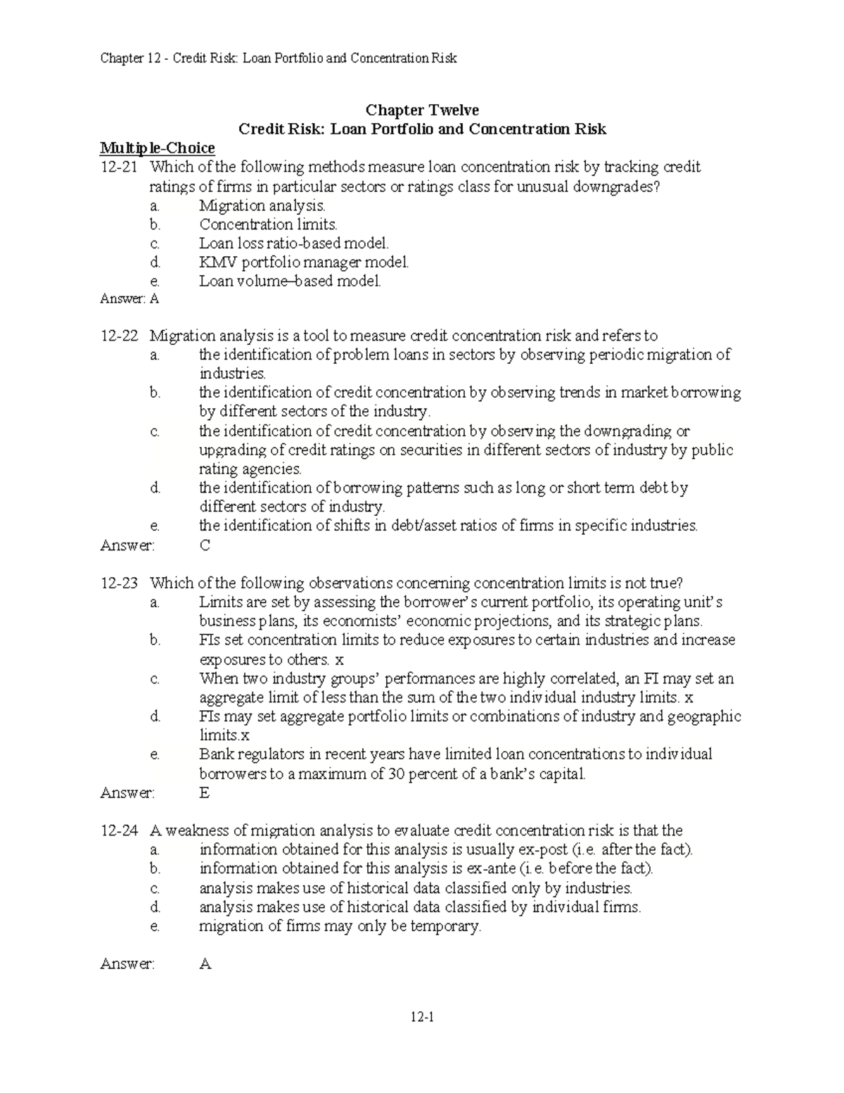 Week 3 Test Bank - Chapter 12 Credit Risk Loan Portfolio MCQ with ...
