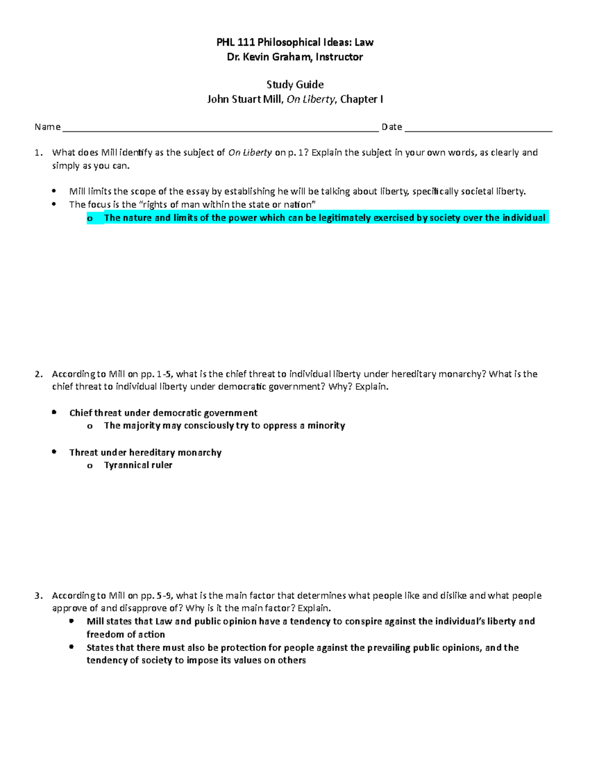 Mill ON Liberty 1 study guide - PHL 111 Philosophical Ideas: Law Dr ...