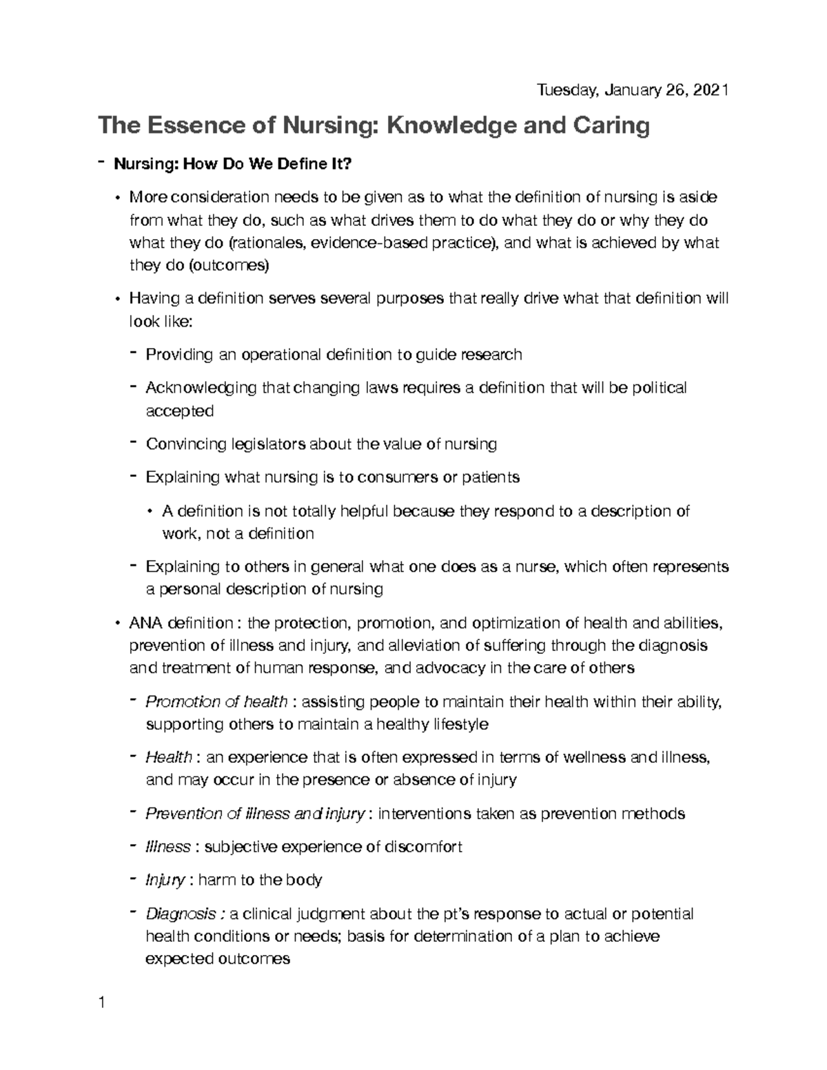 CH 2 - Lecture notes 1 - The Essence of Nursing: Knowledge and Caring ...
