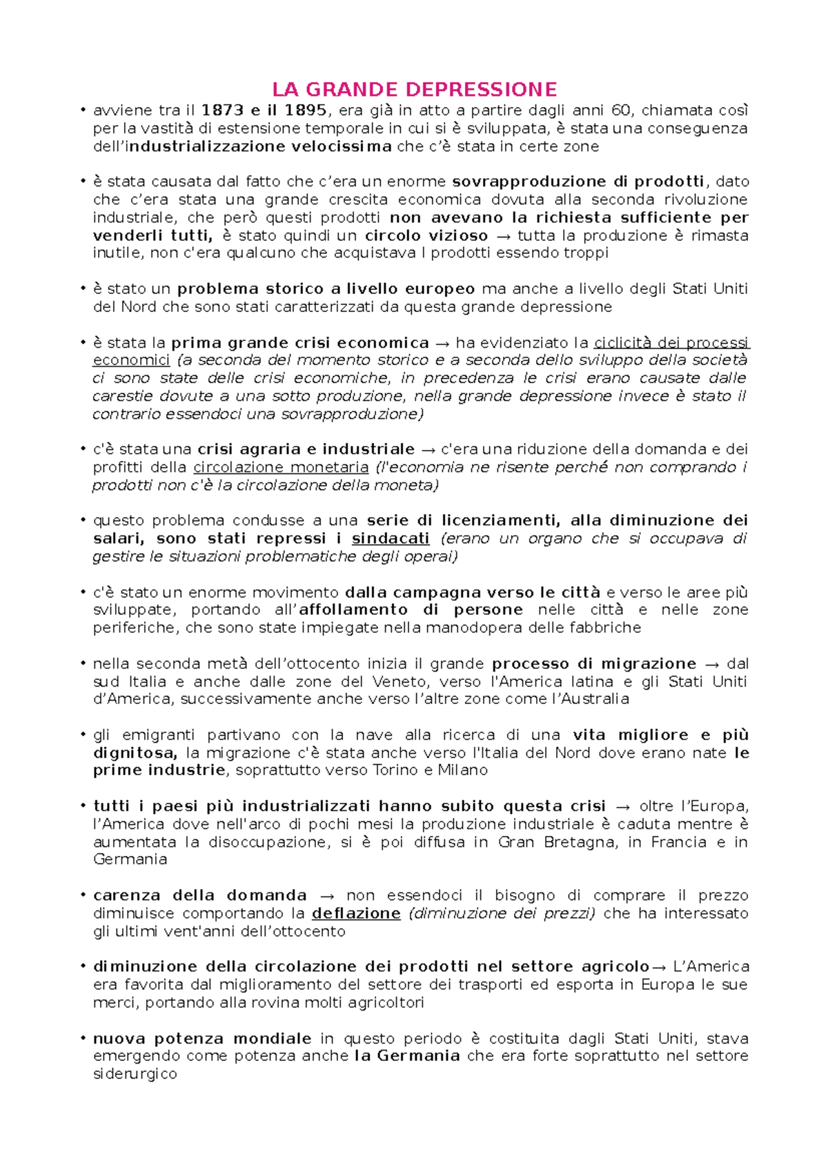 Storia appunti word - LA GRANDE DEPRESSIONE avviene tra il 1873 e il ...