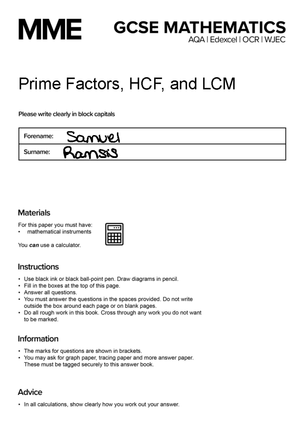 Prime factor trees HCF LCM Questions MME - Prime Factors, HCF, and LCM ...